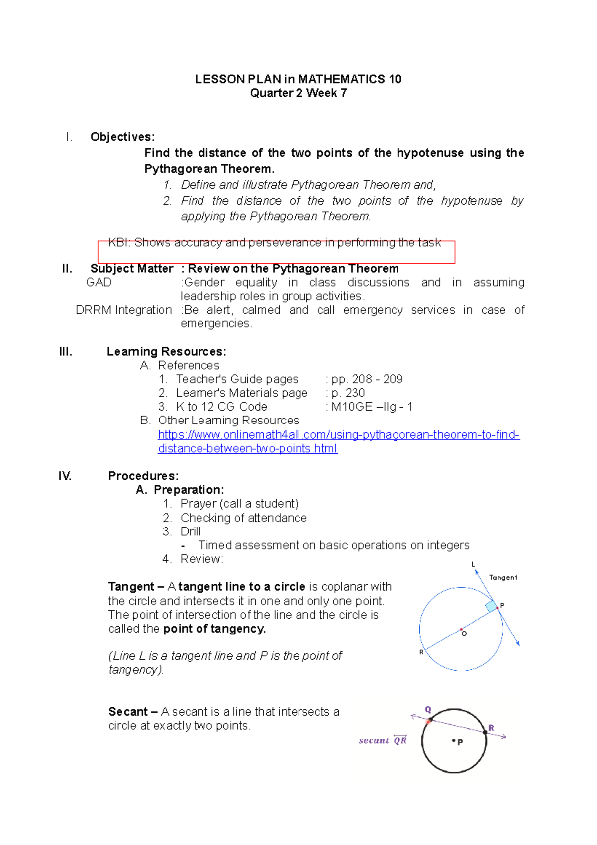 Mathematics 10 Lesson Plan: Pythagorean Theorem (Q2 Week 7) - Studocu