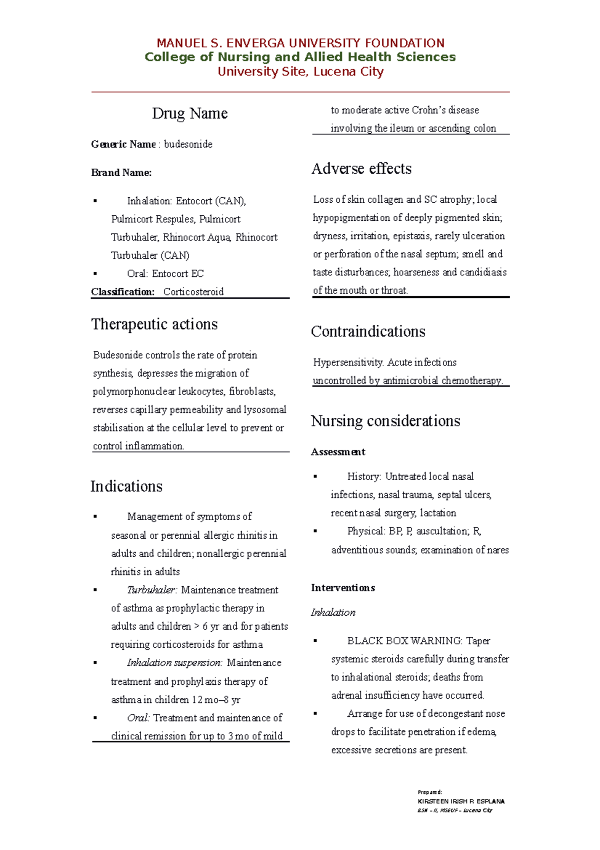 Budesonide (Corticosteroid) - Comprehensive Drug Study Notes - Studocu