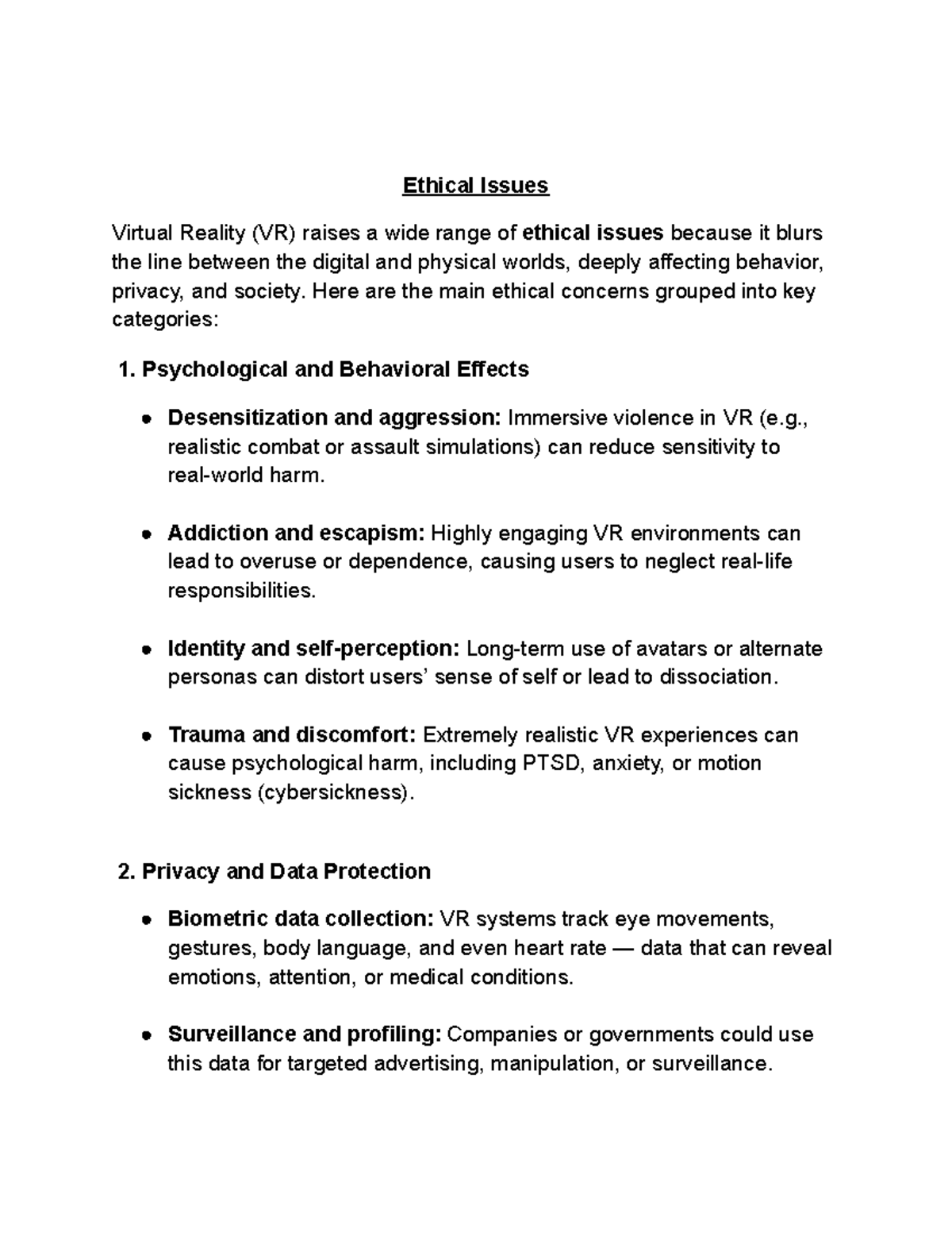 Ethical Issues in VR: Impacts on Behavior, Privacy, and Society - Studocu