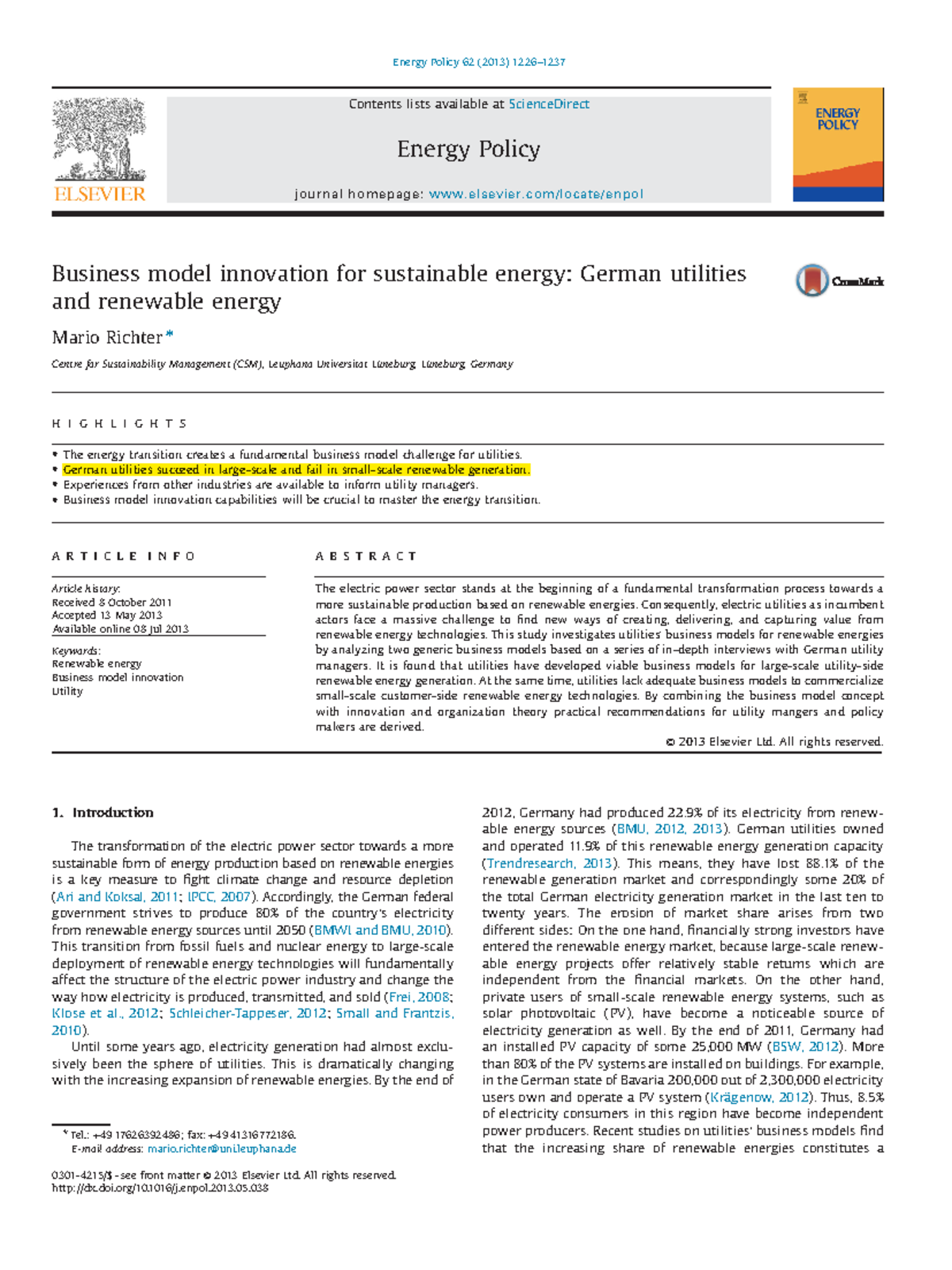 G1 Business Model Innovation in German Utilities for Renewable Energy ...