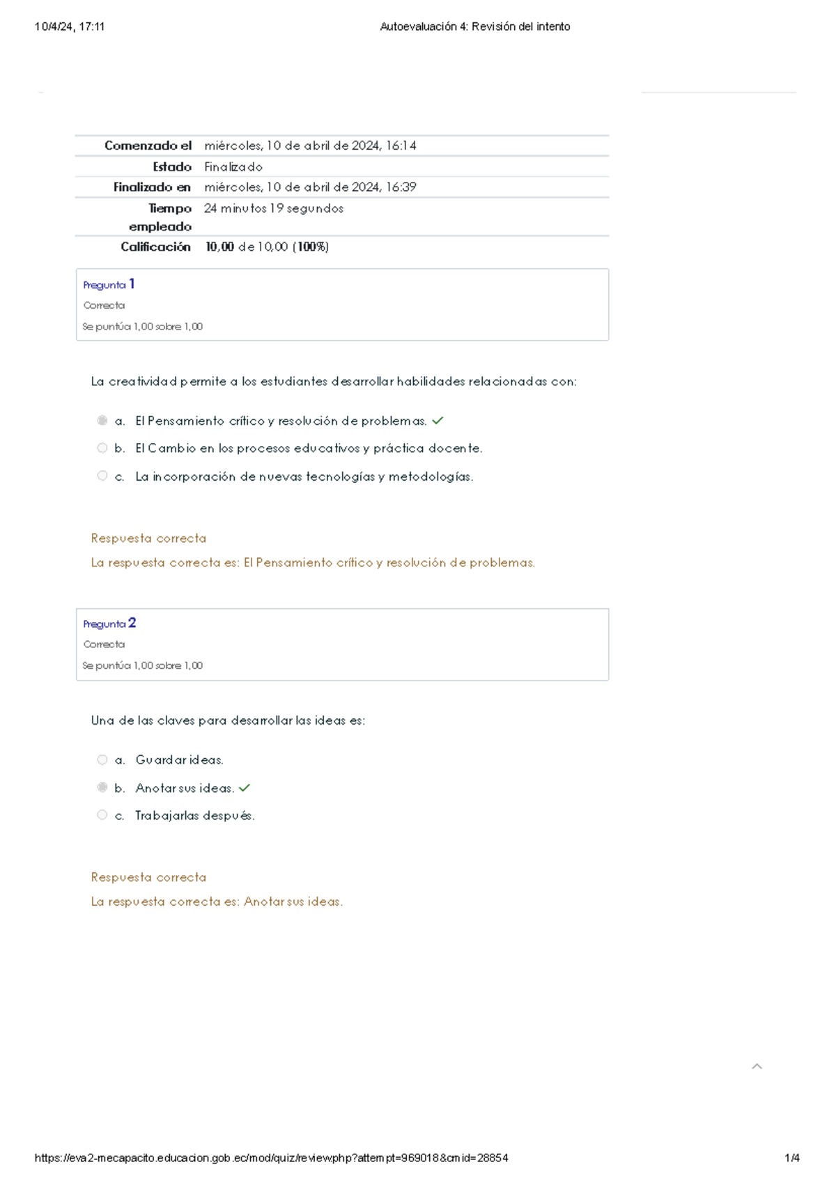 Autoevaluación 4 - Módulo 4: Resultados y Respuestas Correctas - Studocu