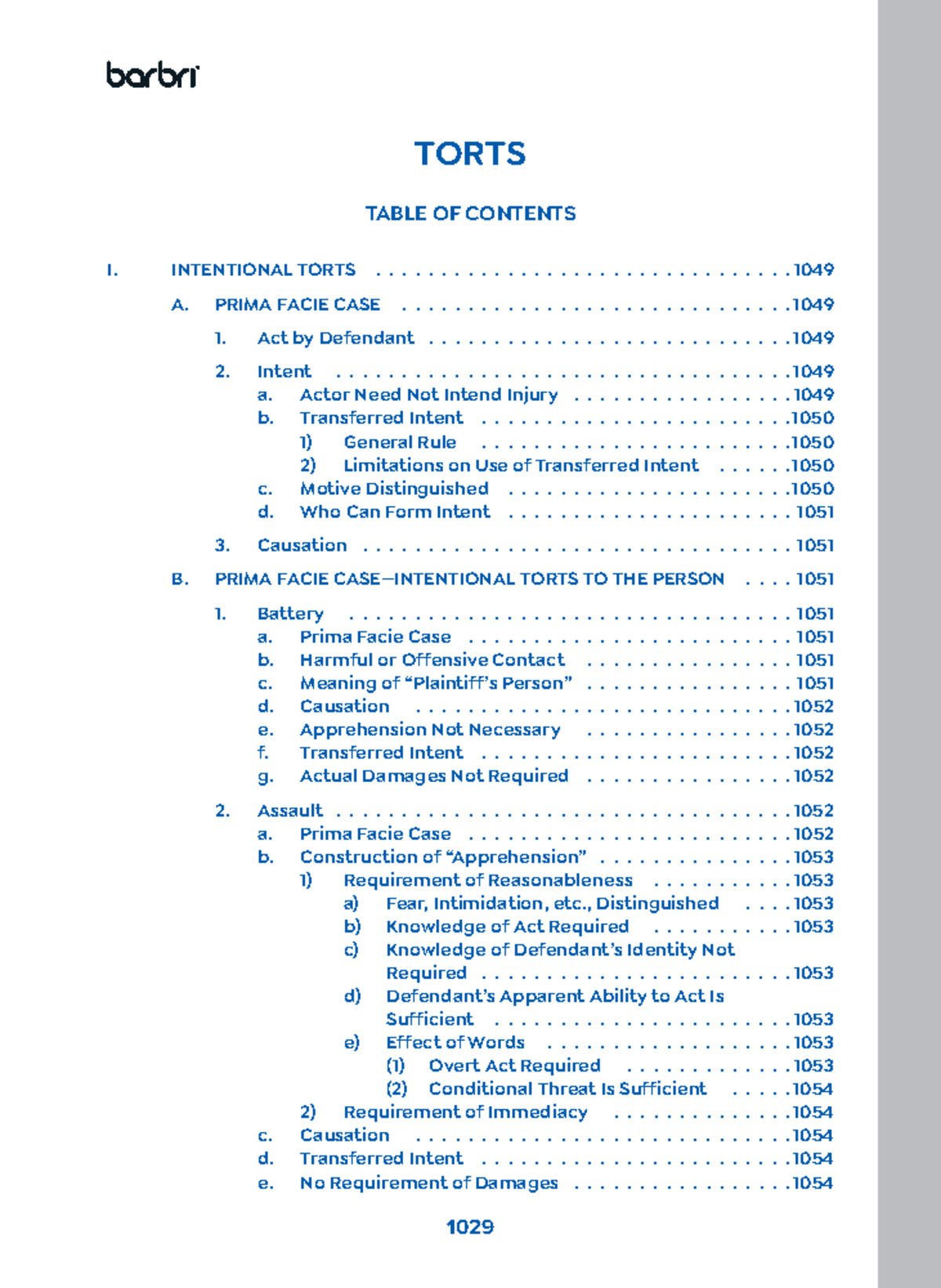 TORTS LAW OUTLINE (BARBRI) - DETAILED TABLE OF CONTENTS - Studocu