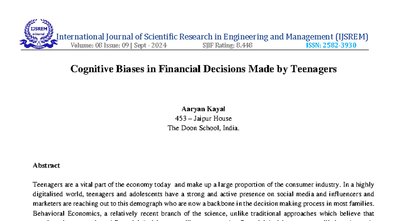 Cognitive Biases in Financial Decisions Among Teenagers: IJSREM Vol. 08 ...