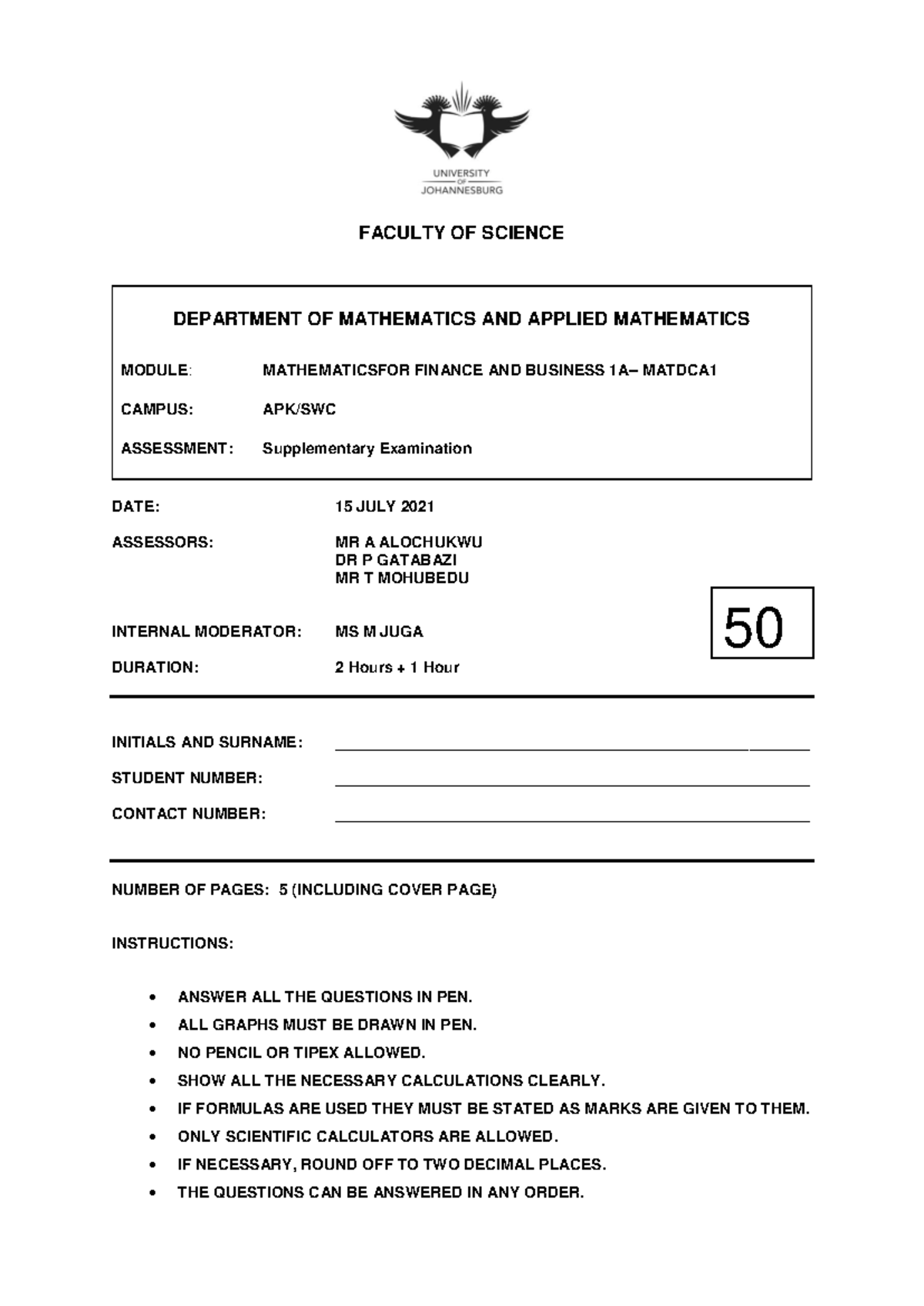 2021 Madca 1 Supp - I AM WRITING TOMMOROW - FACULTY OF SCIENCE ...