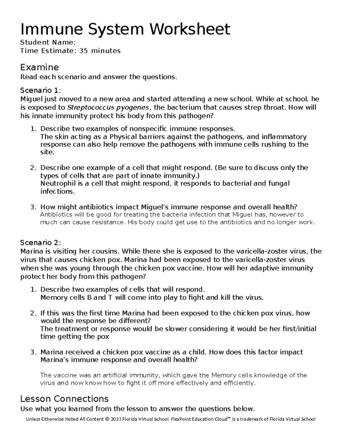 Immune system worksheet - Immune System Worksheet Student Name: Time ...