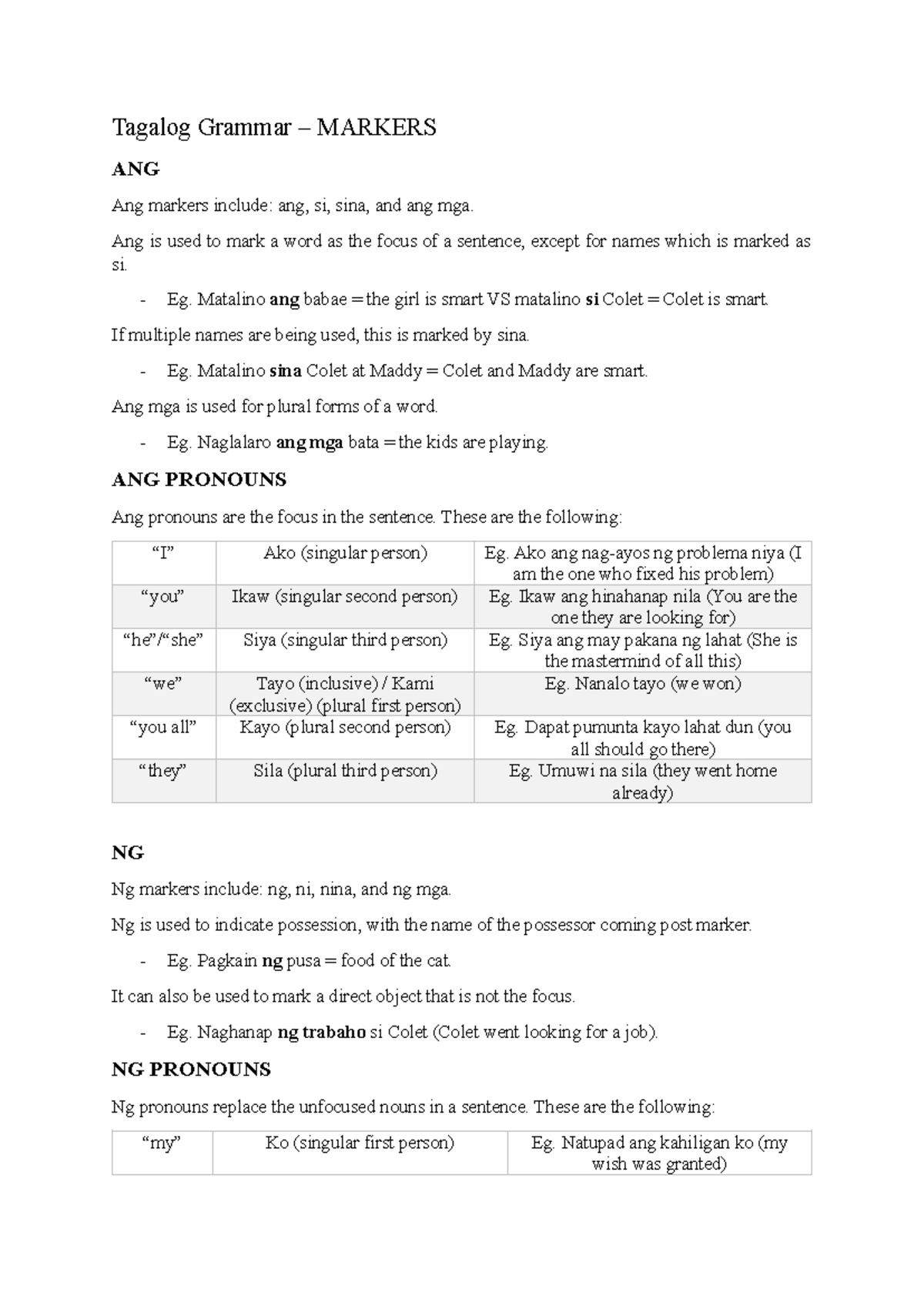 Tagalog Grammar Markers and Pronouns - Lesson Notes - Studocu