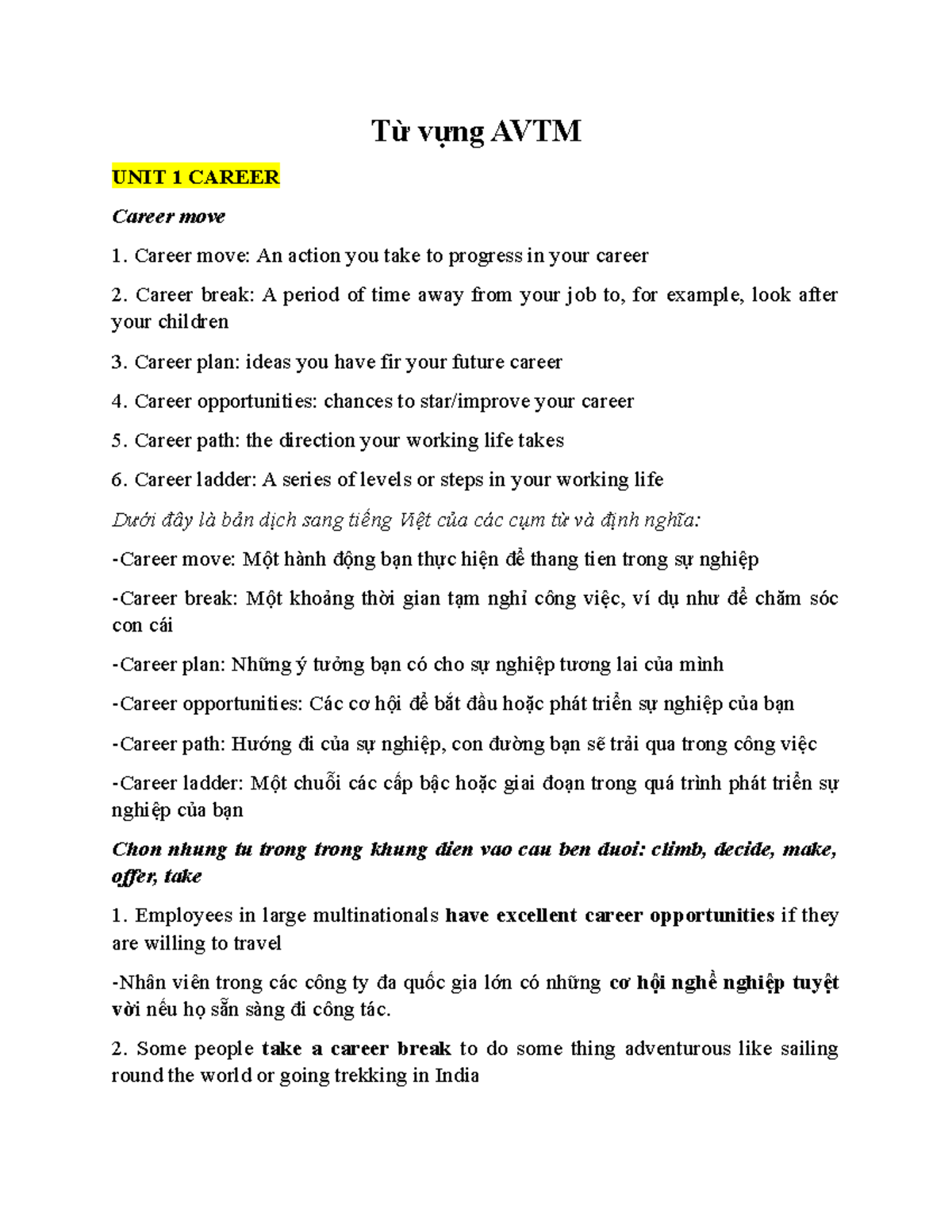 Từ vựng AVTM - UNIT 1: Career Concepts and Definitions - Studocu