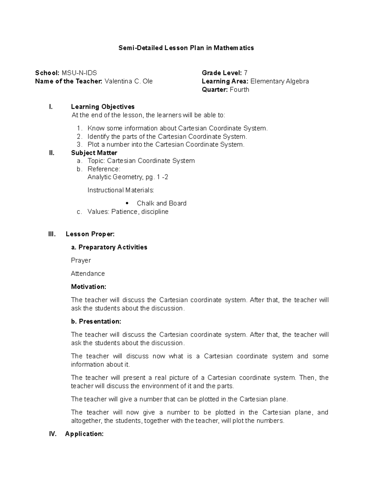Semi-Detailed Lesson Plan on Cartesian Coordinate System (Math 7) - Studocu