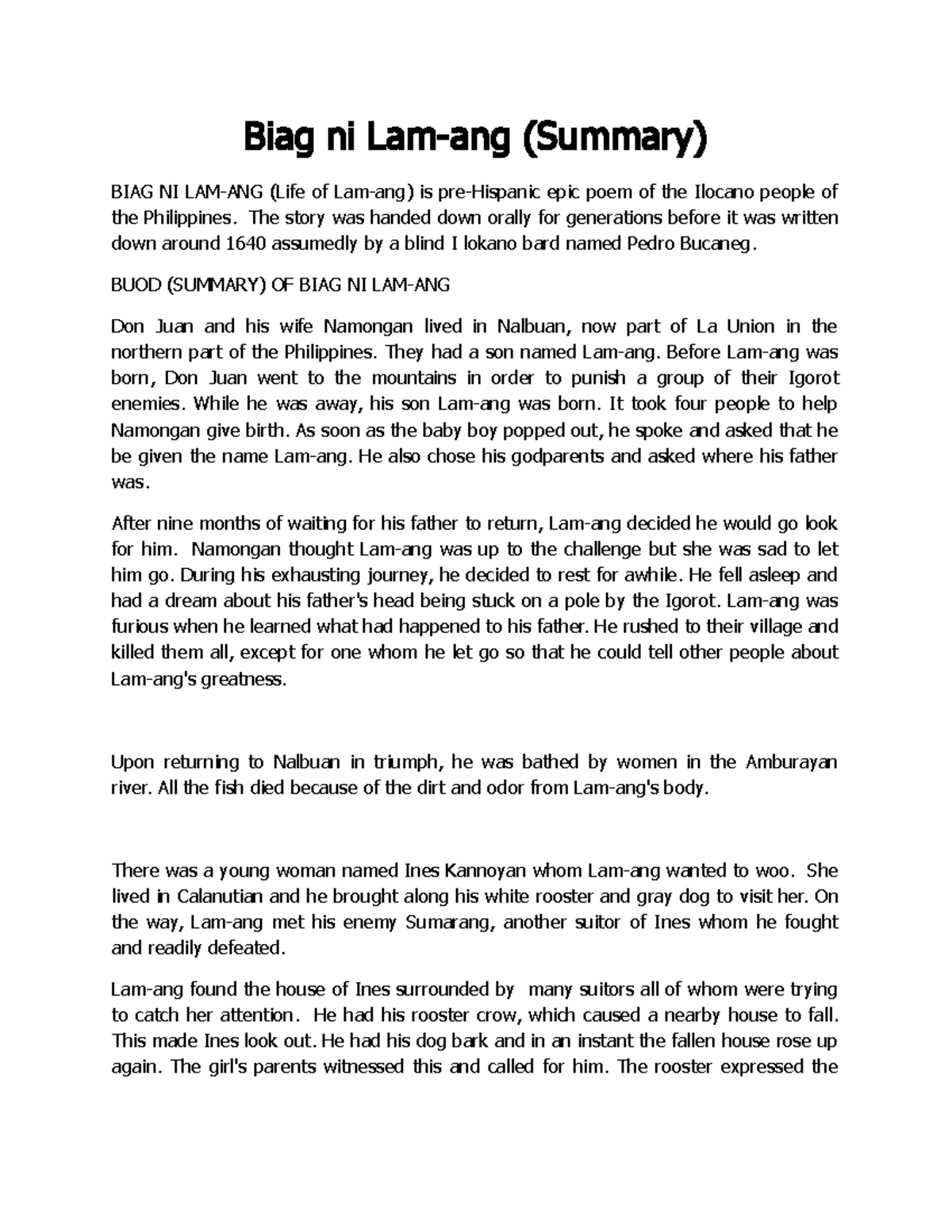 Biag ni Lam-ang Summary and Analysis of the Epic Poem - Studocu