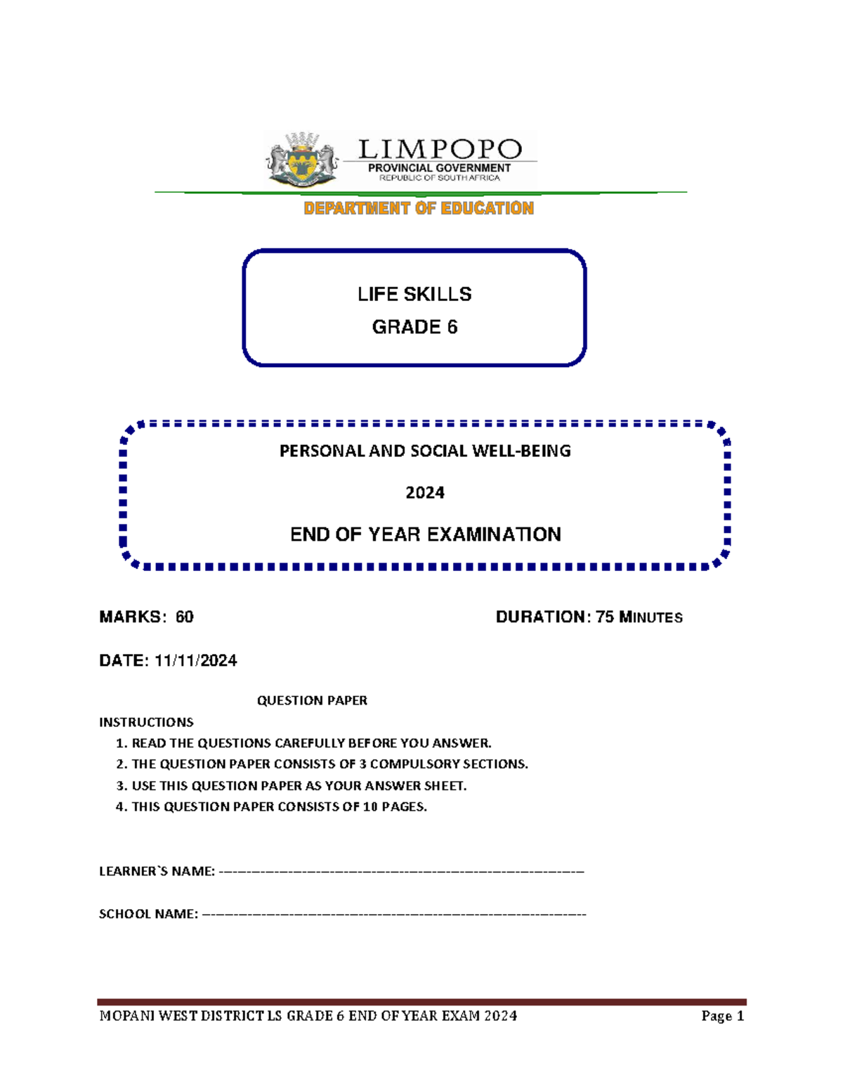 2024 Grade 6 Life Skills Final Exam - Mopani West District - Studocu