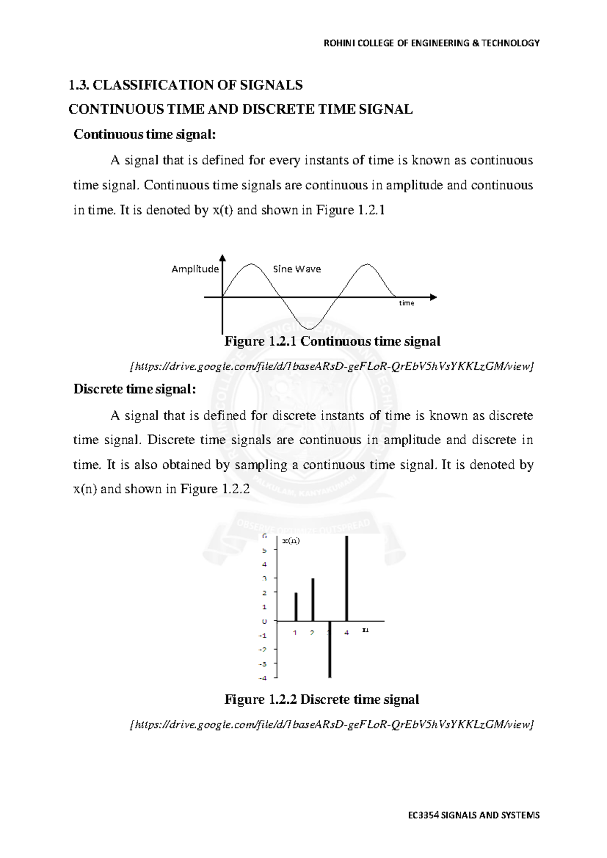 EC3354 SIGNALS AND SYSTEMS: Classification of Continuous and Discrete ...