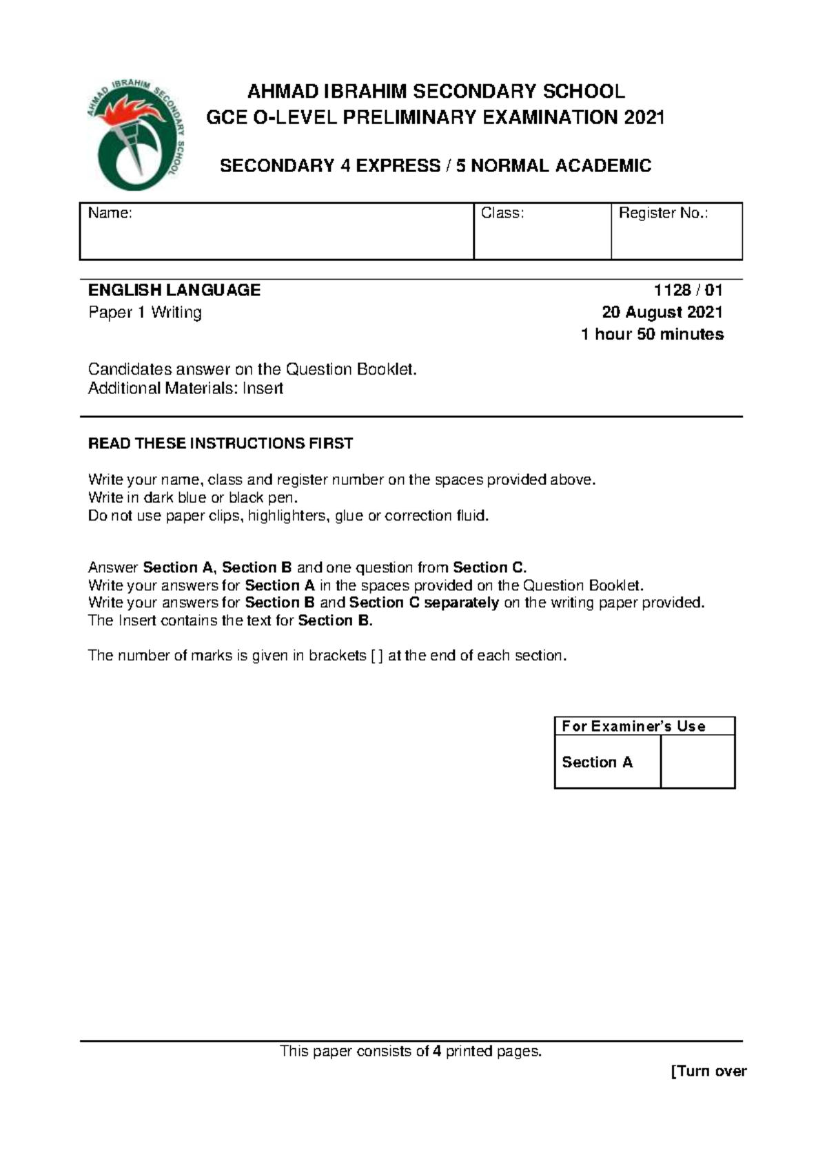 AISS GCE Preliminary Exam 2021: English Language Paper 1 & 2 - Studocu