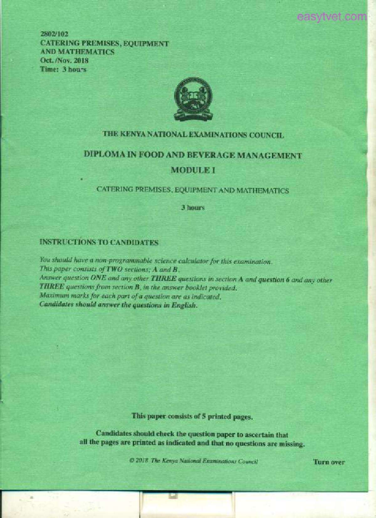 Mathematics Exam Paper: Catering Premises, Equipment & Math (IR02102 ...