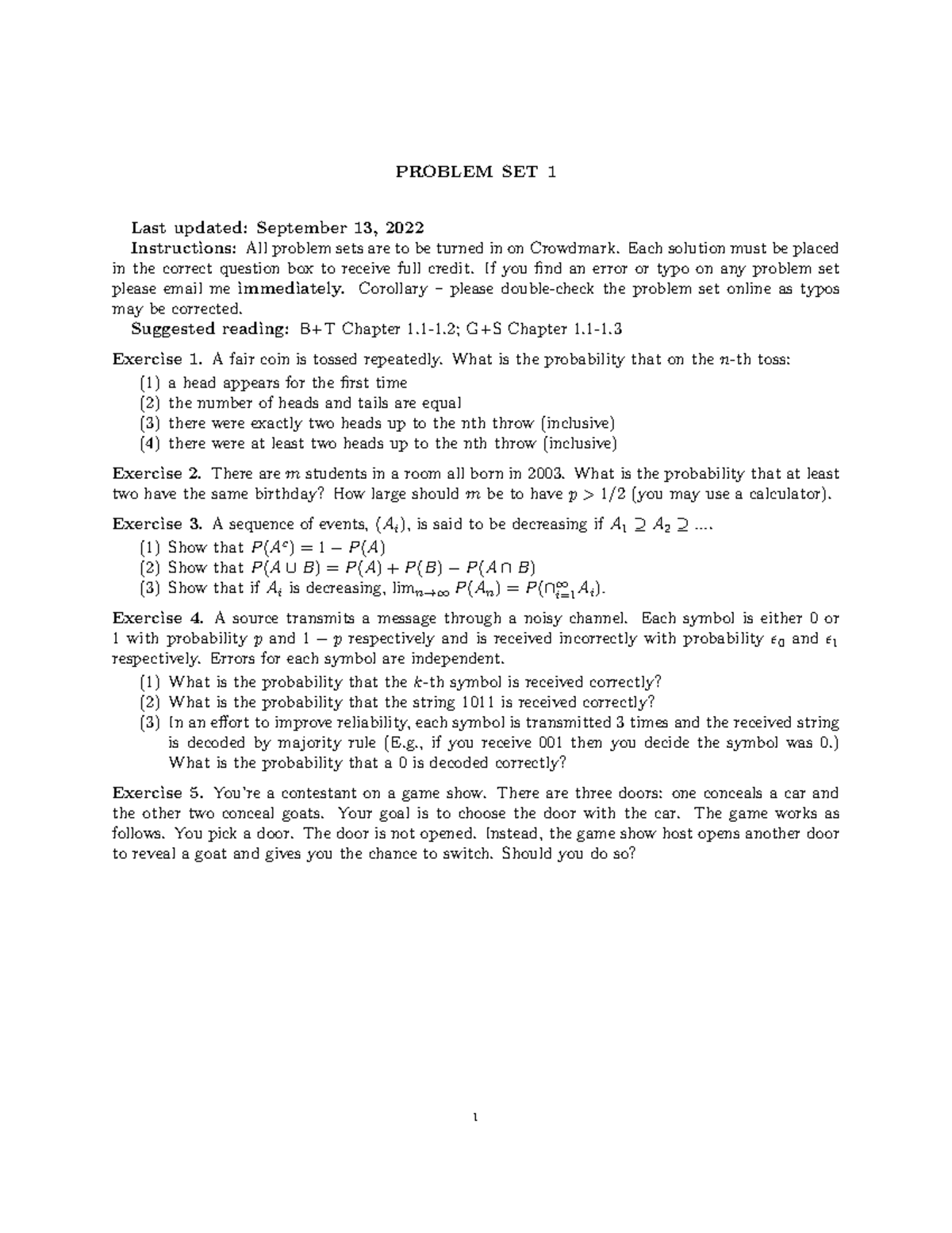 PROB SET 1: Probability Exercises & Solutions for Course HW1 - Studocu