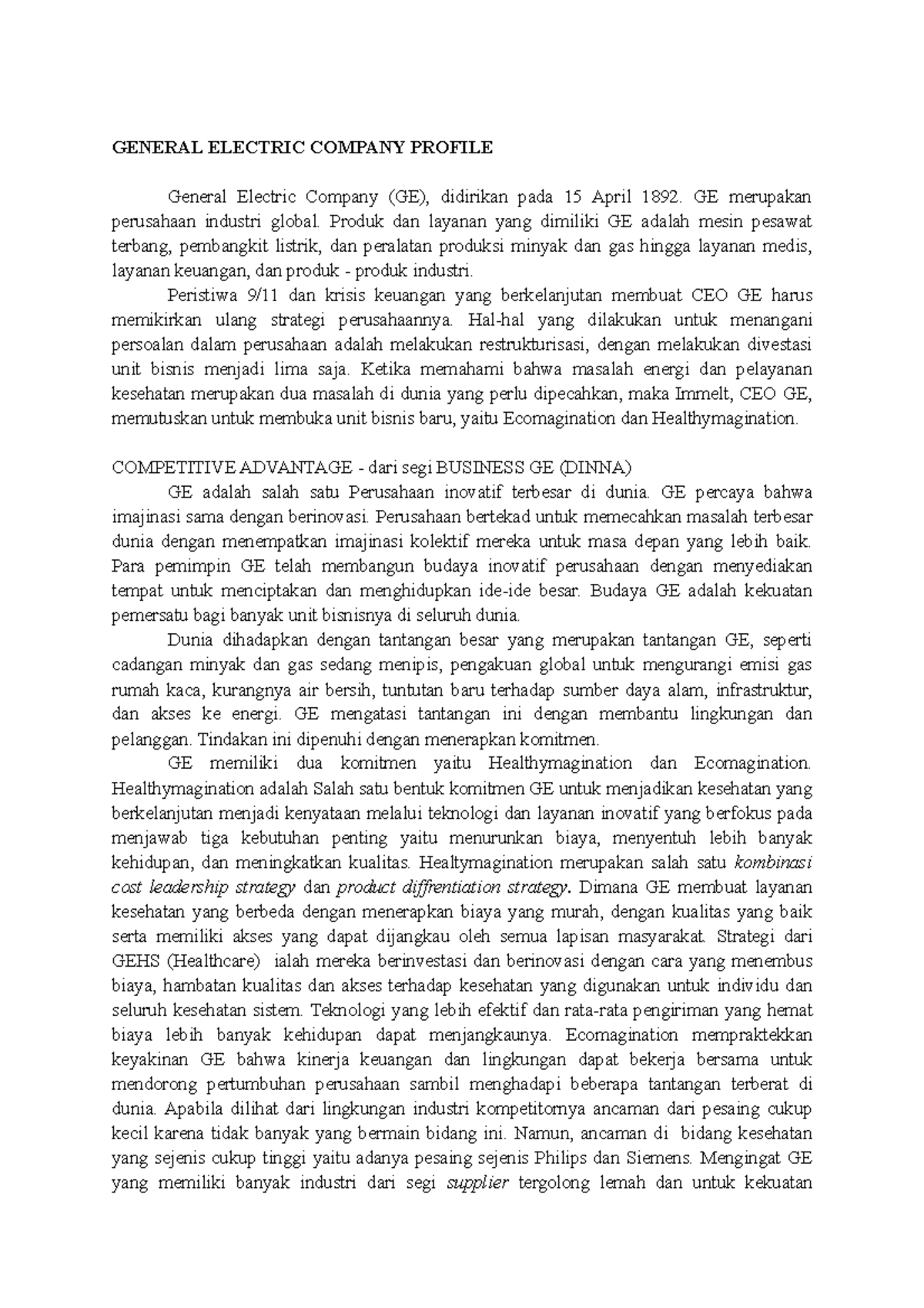 CS Case Study 5: Analysis of GE's Healthymagination Strategy - Studocu