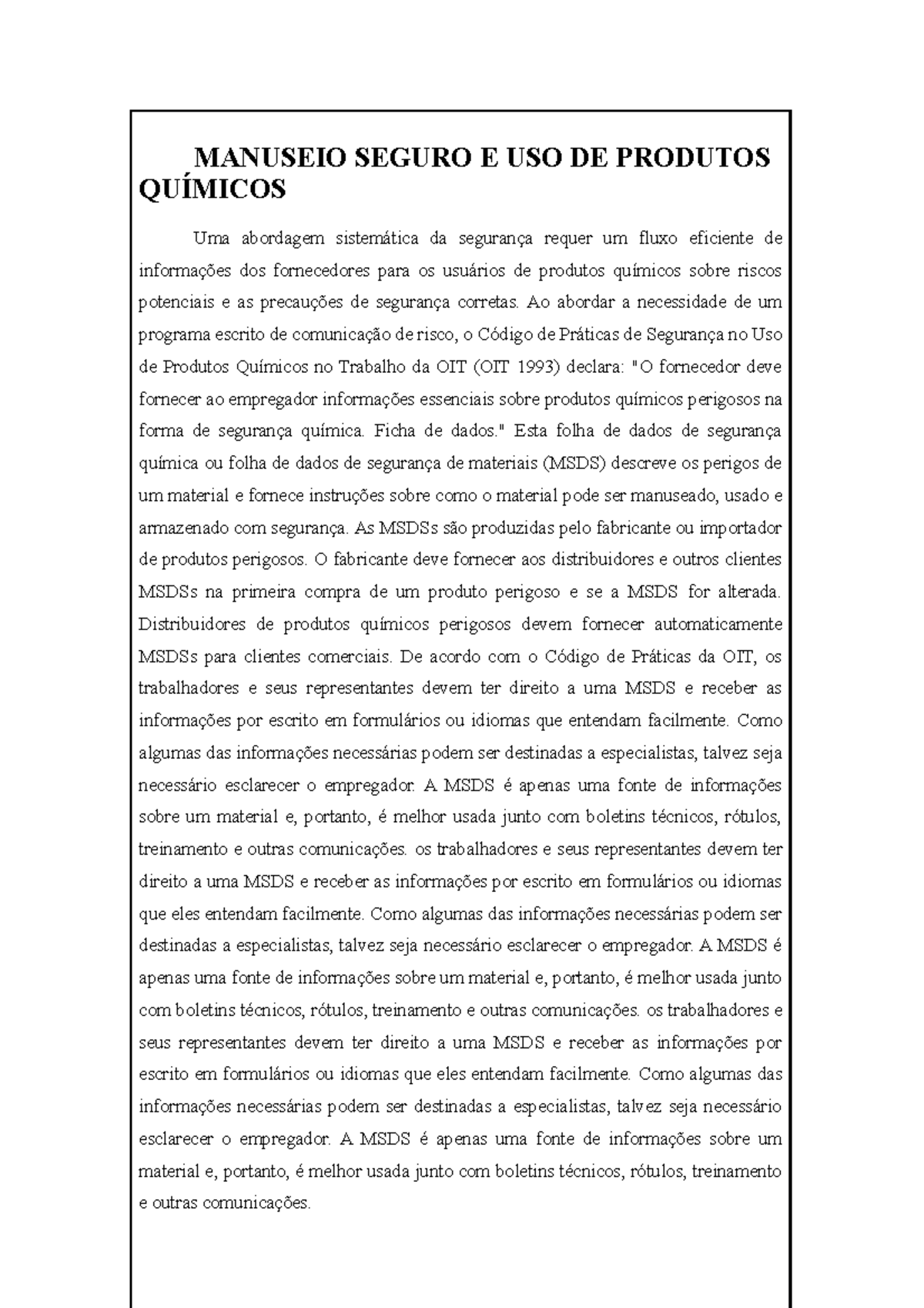 Manuseio Seguro e uso seguro de Produtos Químicos - MANUSEIO SEGURO E ...