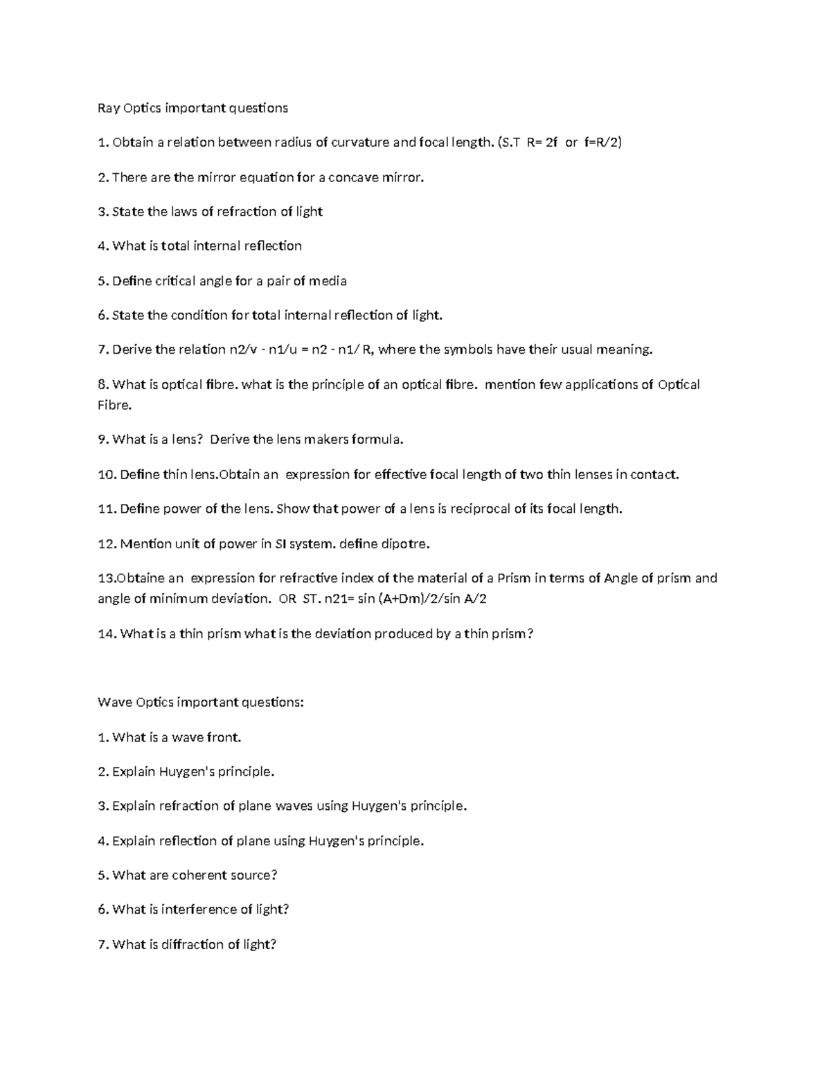 Ray Optics and Wave Optics Important Questions (PHYS 101) - Studocu