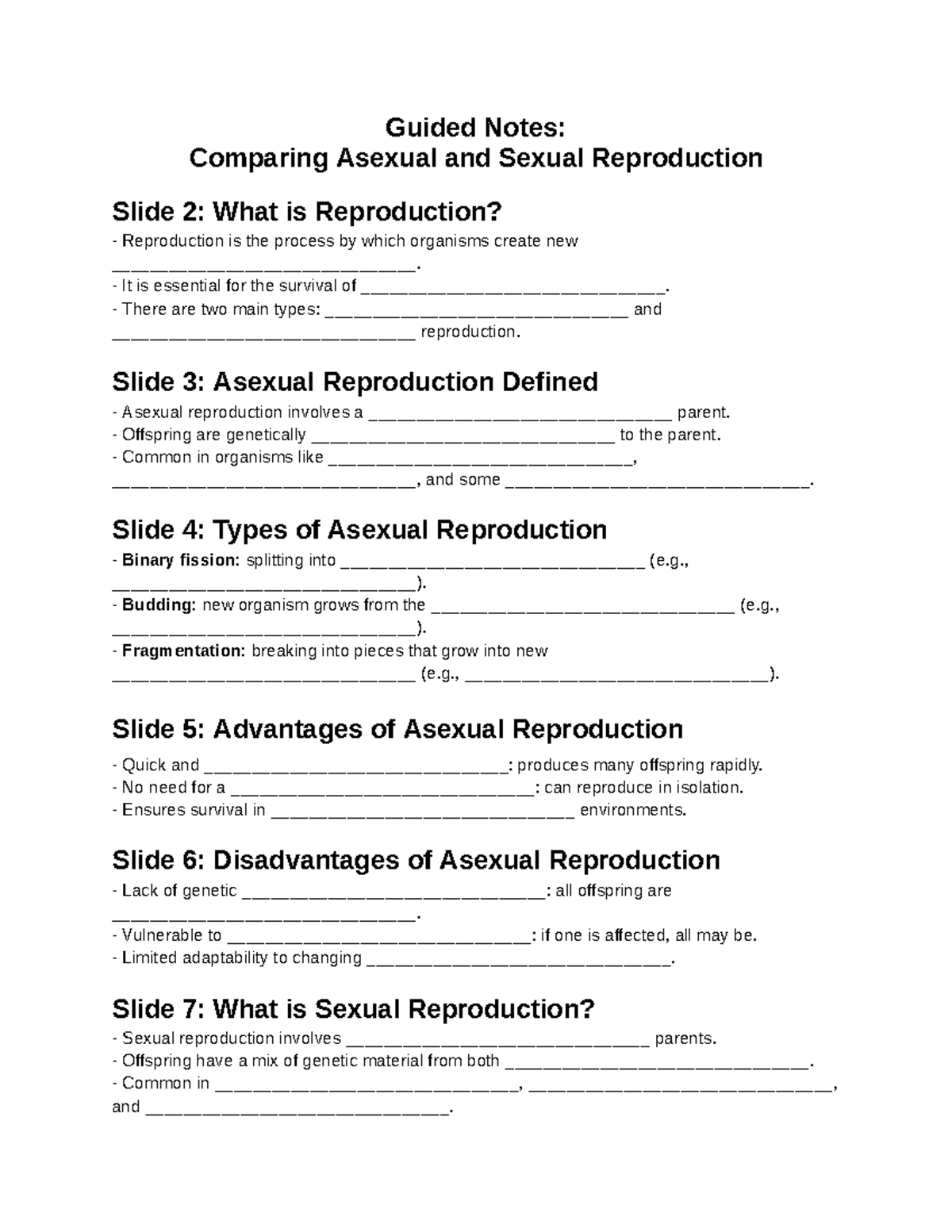 Comparative Guided Notes on Asexual and Sexual Reproduction - Studocu