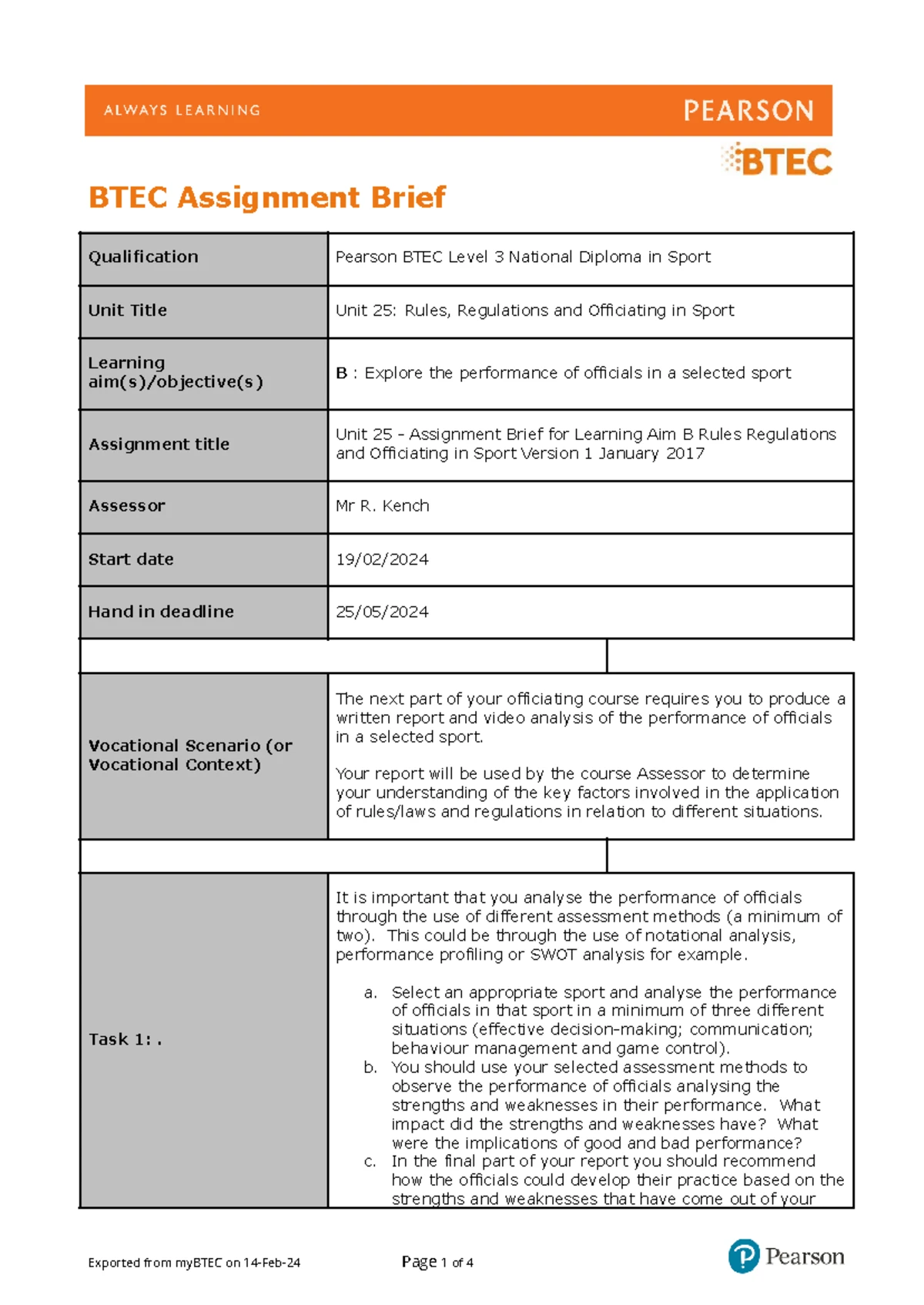 Unit 3 BTEC Sport Assignment: Career Pathways & Development Plan ...
