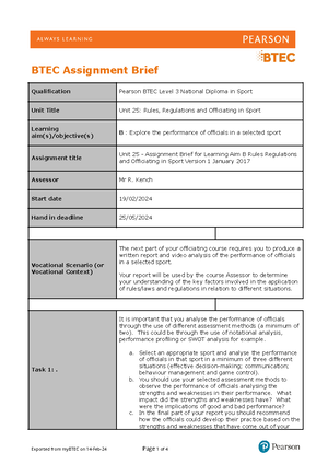 Unit 3 BTEC Sport Assignment: Career Pathways & Development Plan ...