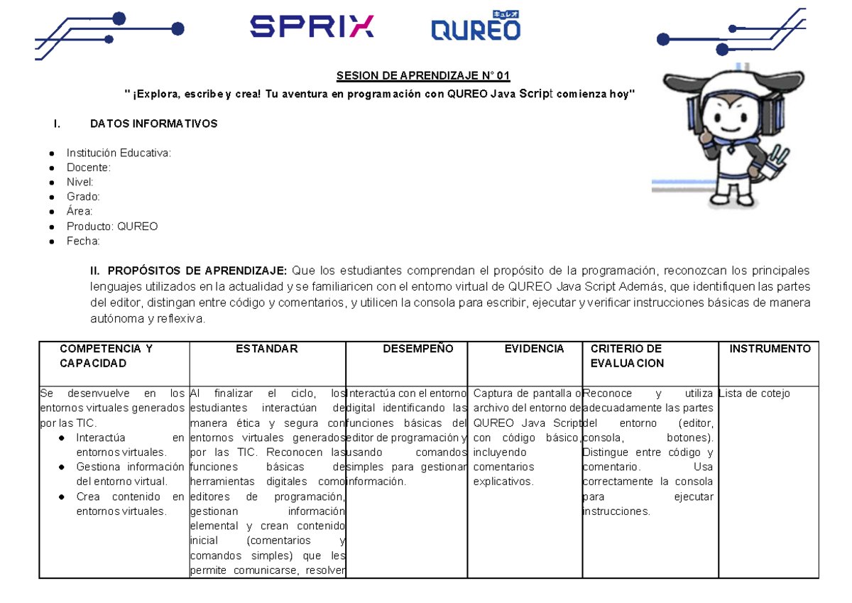 Sesión de Aprendizaje 01: Introducción a QUREO Java Script - Studocu