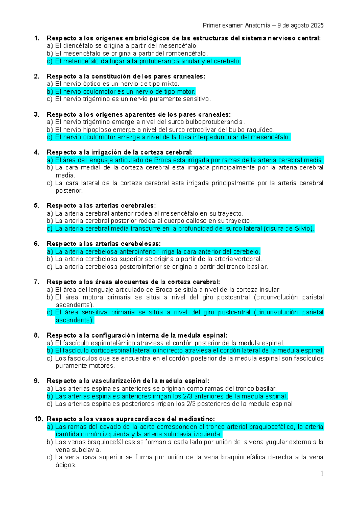 Prototipo Primer Examen Anatomía 09 de Agosto 2025 - Studocu