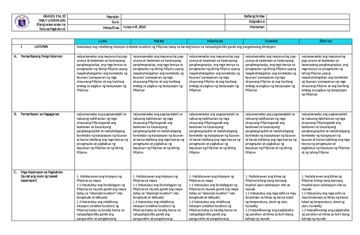 GRADES 1 to 12 DAILY LESSON LOG: Aralin sa Heograpiya at Kultura ng Pilipinas - Studocu