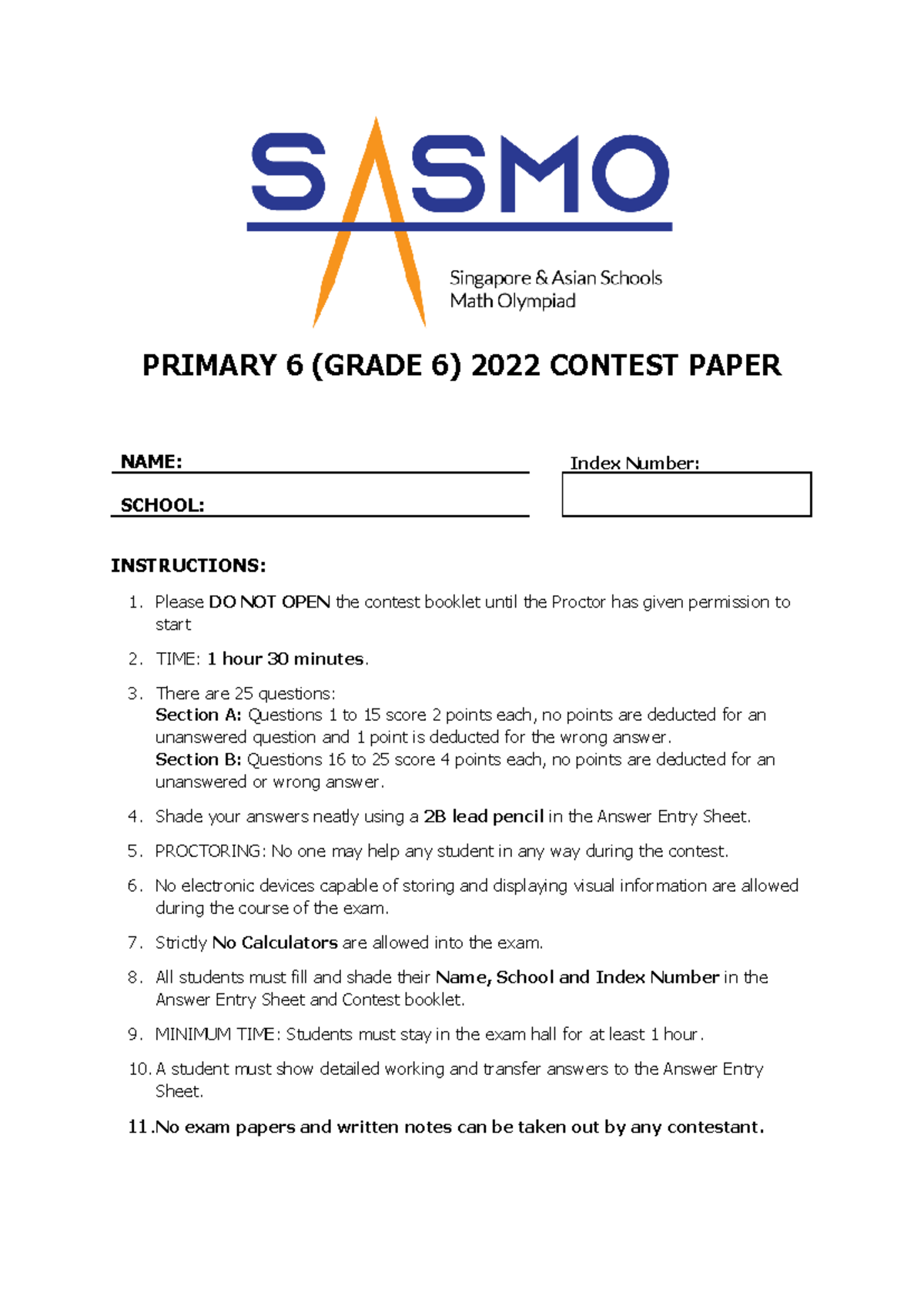 SASMO 2022 Primary 6 Contest Paper with Instructions and Questions ...