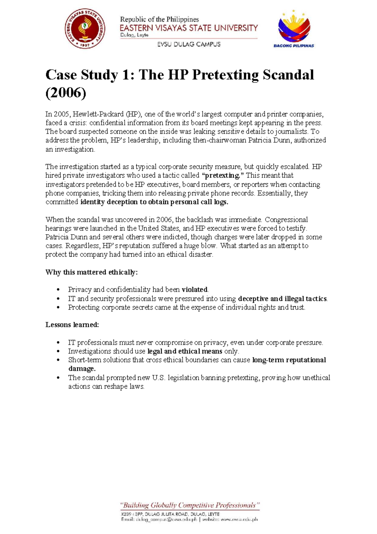 Case Study: HP Pretexting Scandal & AI Algorithmic Bias (2006) - Studocu