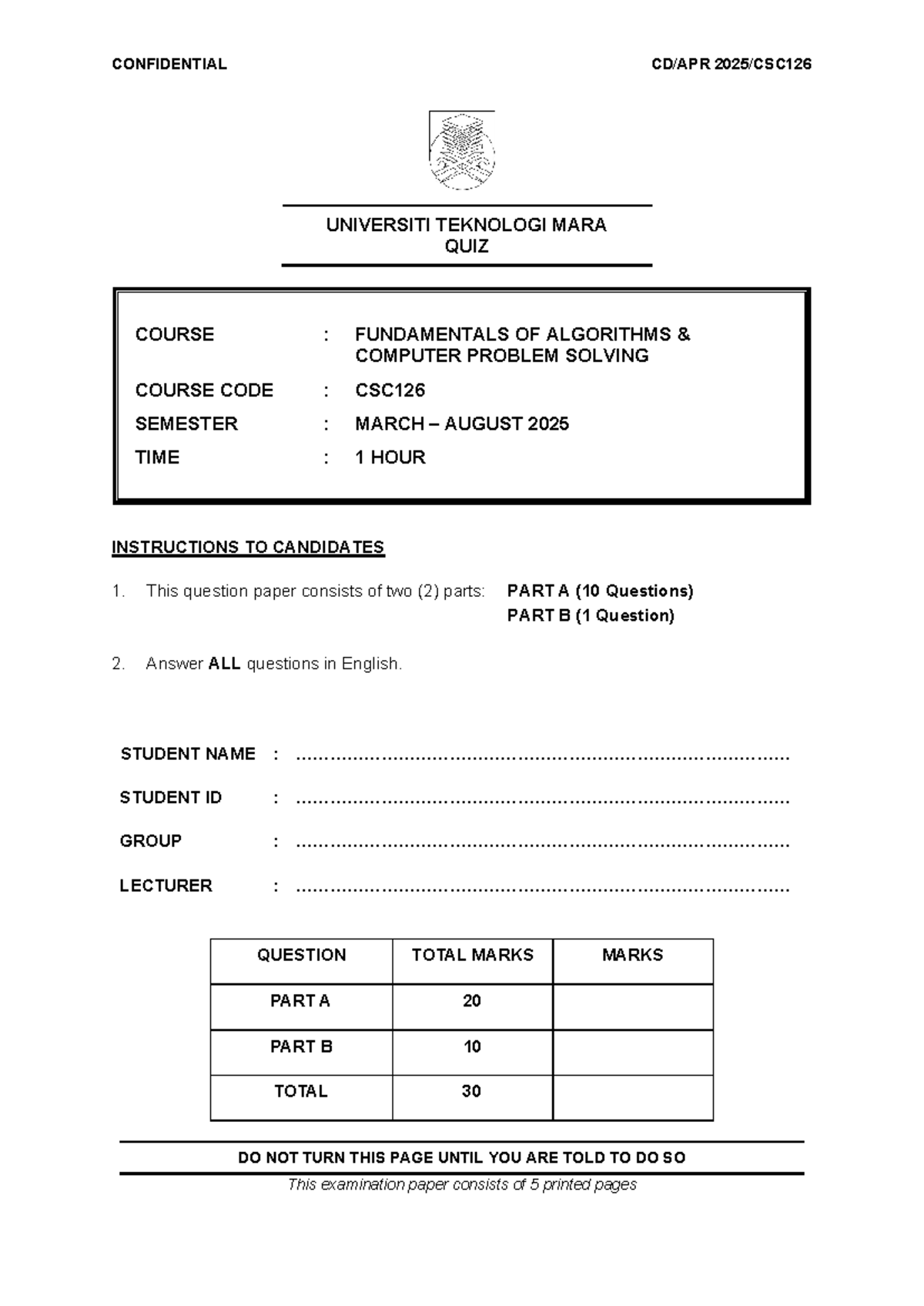 CSC126 QUIZ 2025: Fundamentals of Algorithms & Problem Solving - Studocu