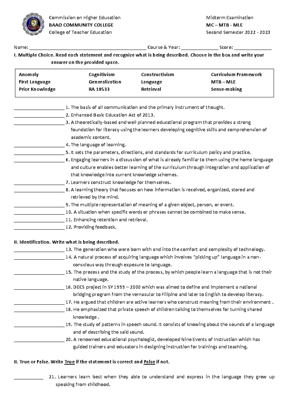 MTB-MLE Midterm Exam Template - ACADEMIC YEAR 2022-2023 - Studocu