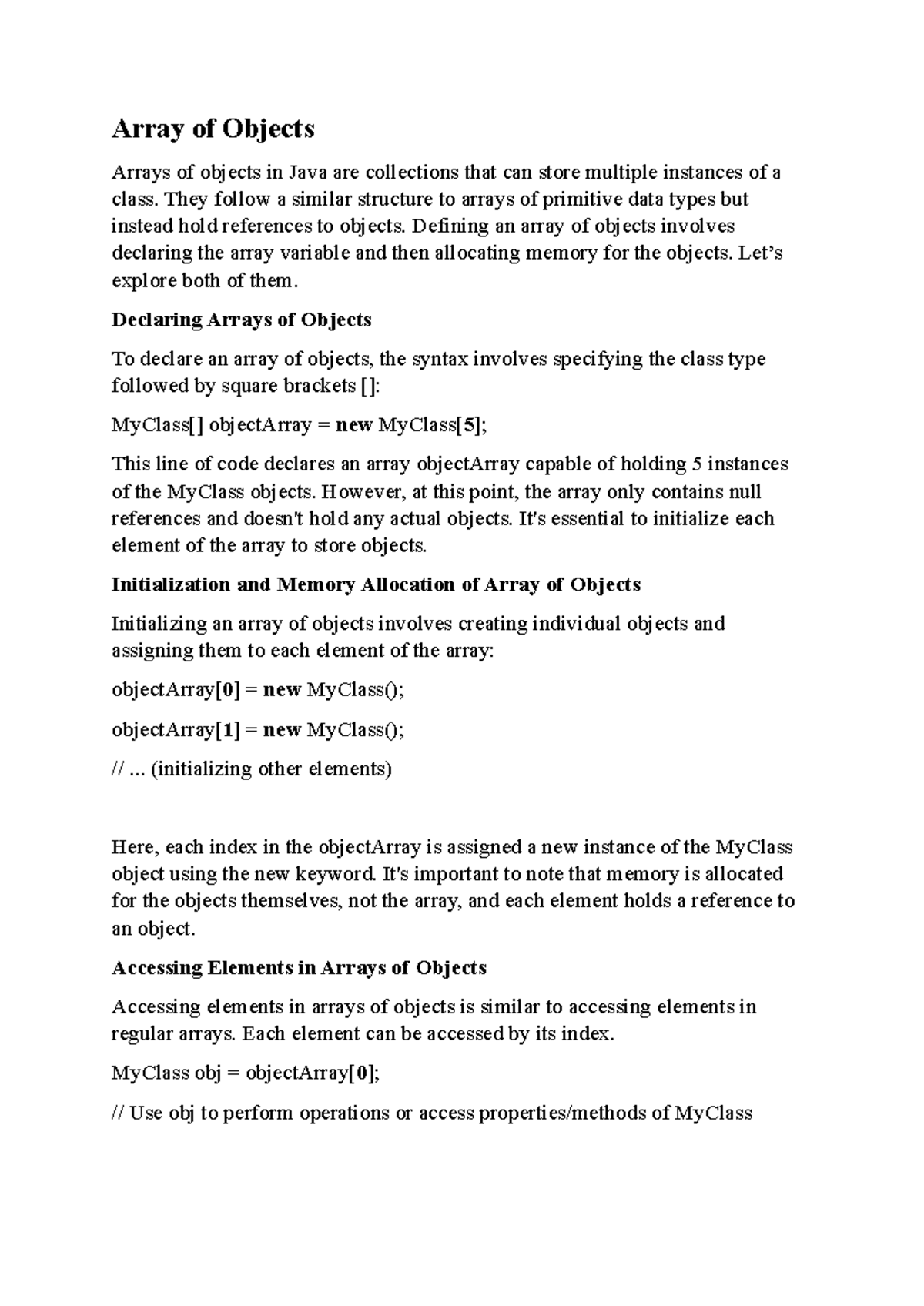 Array of Objects in Java - Notes on Declaration & Usage - Studocu