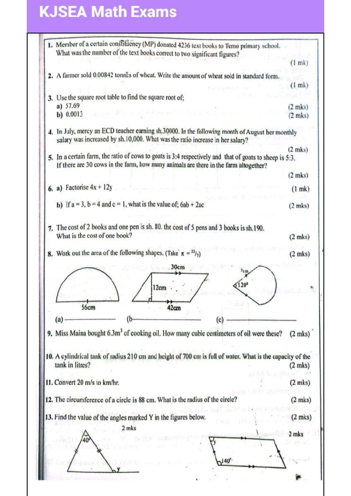 KJSEA Math Exam: Comprehensive Test Questions and Solutions - Studocu