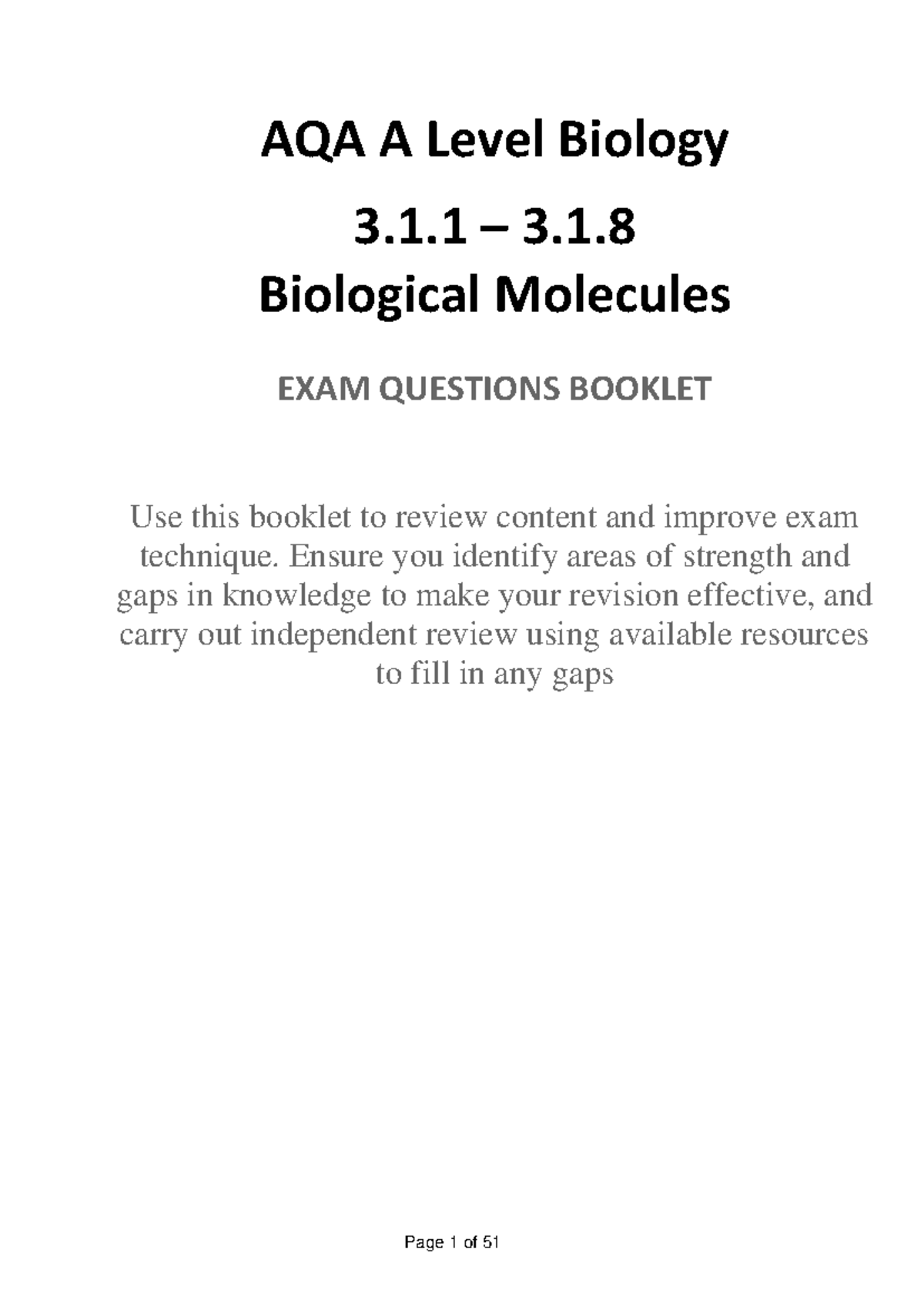 AQA A Level Biology 3.1.1 3.1.8 Biological Molecules Practice Exam ...