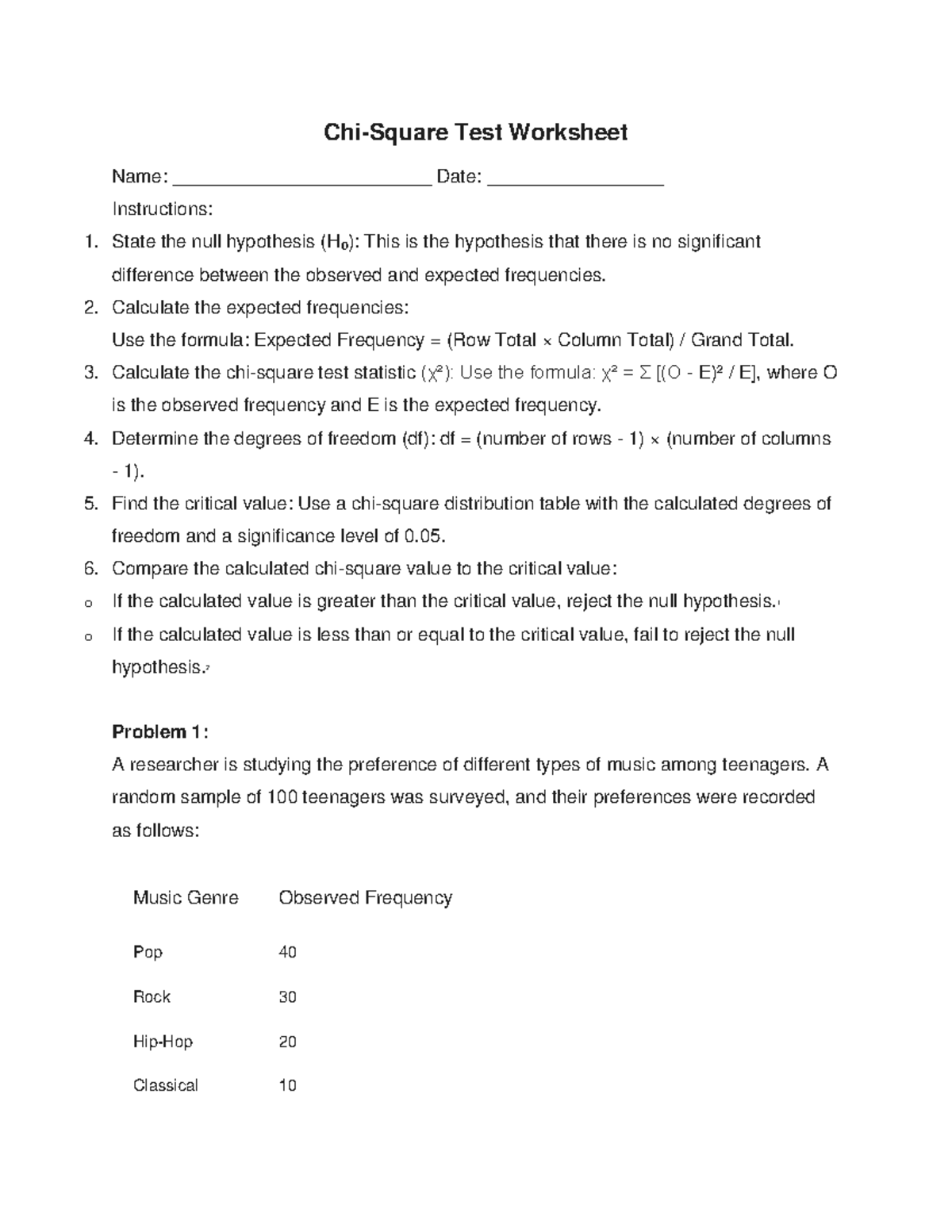Chi Square Test Worksheet - Chi-Square Test Worksheet Name ...