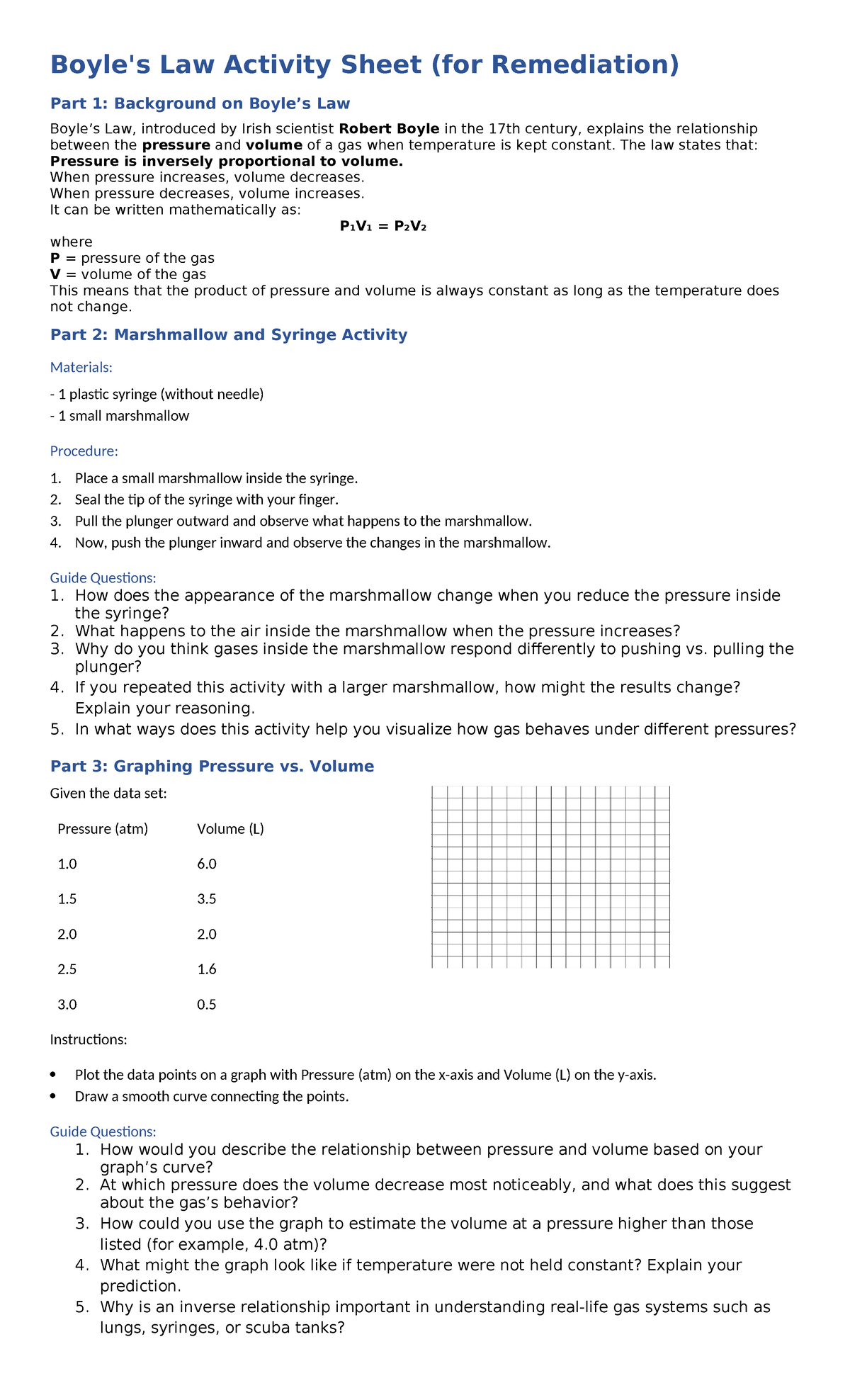 Boyle's Law Activity Sheet (Remediation) - Understanding Gas Behavior ...