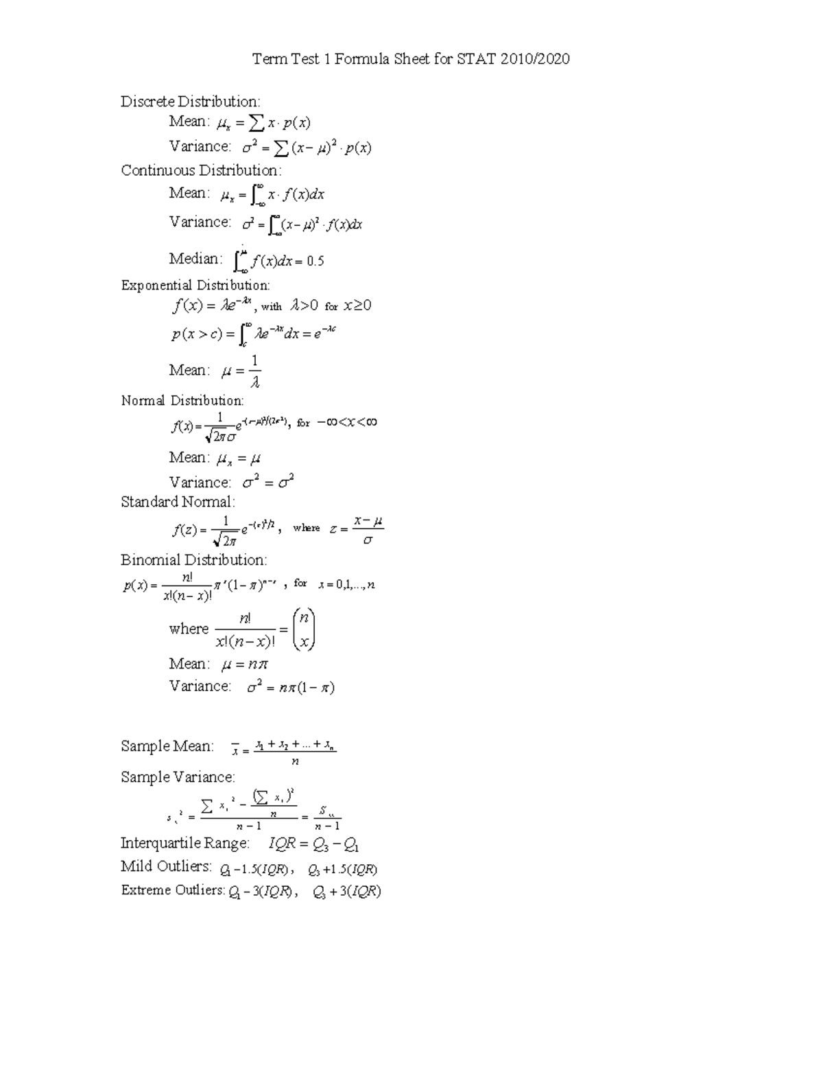 Term Test 1 Formula Sheet for STAT: Discrete & Continuous Distributions ...