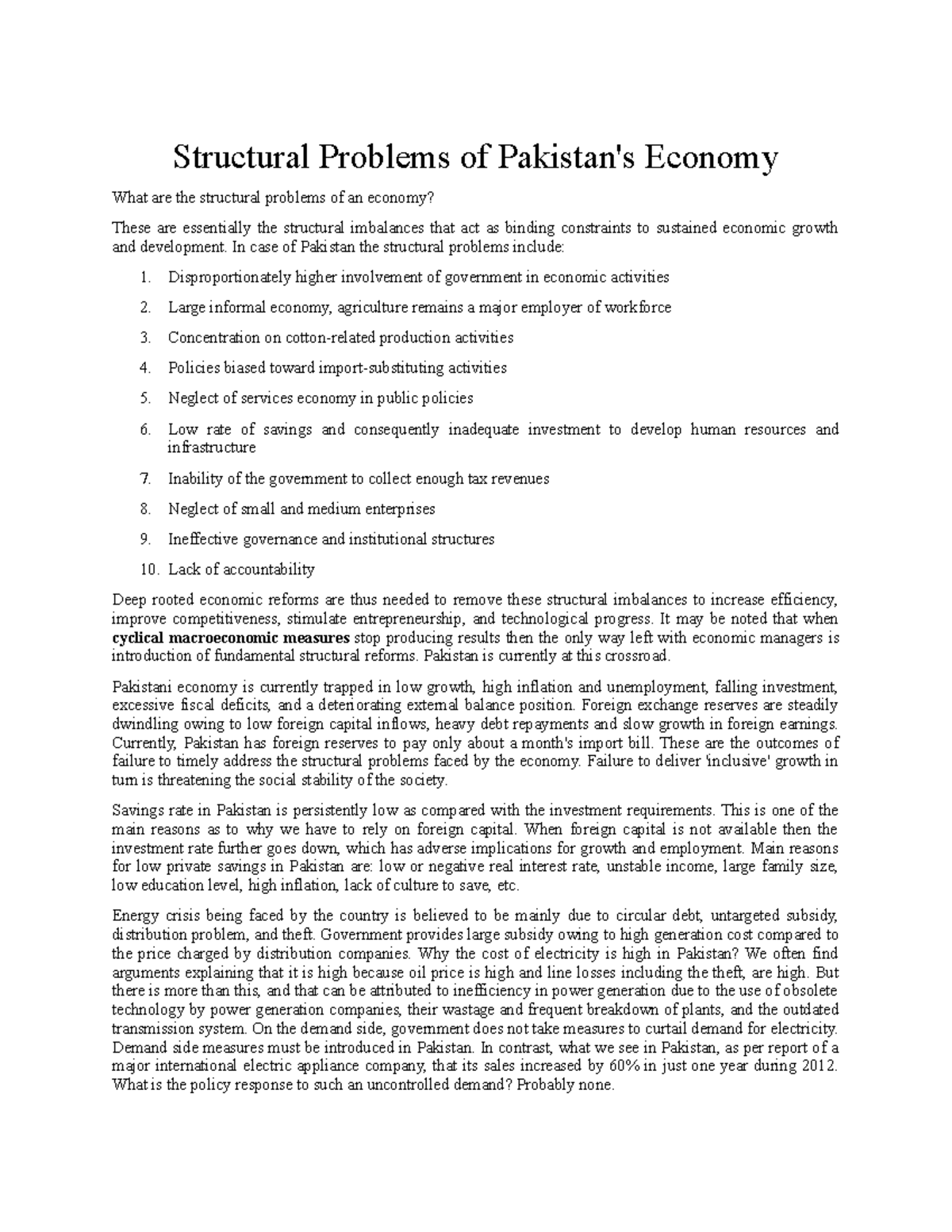 Structural Problems of Pakistan - In case of Pakistan the structural problems include: - Studocu