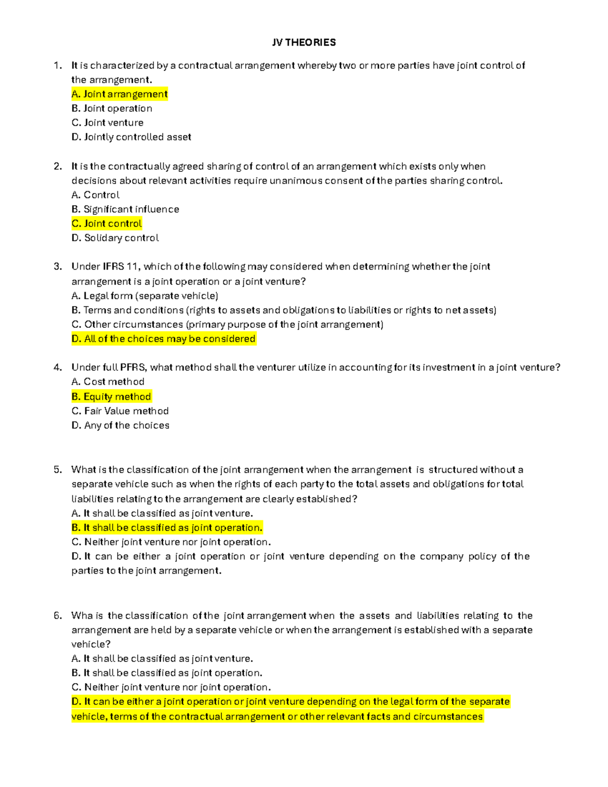 JV Theories: Understanding Joint Control and Arrangements - Studocu