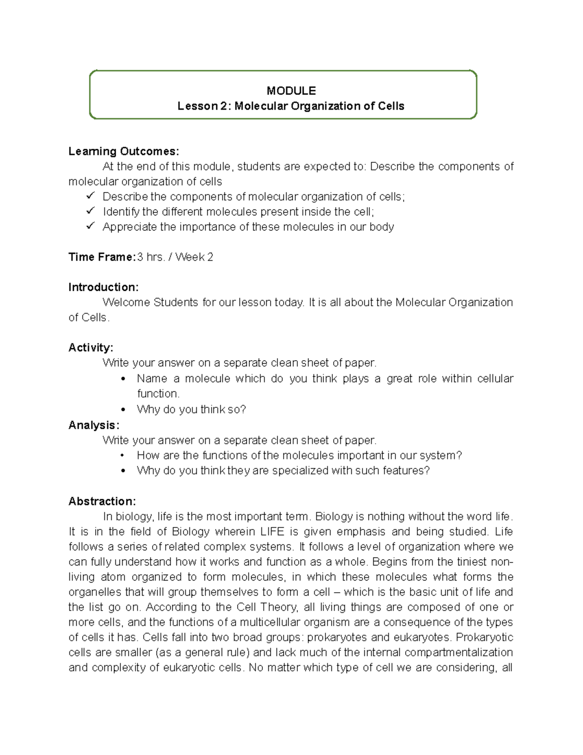 Lesson-2 - Coursepack for Biology lessons - MODULE Lesson 2: Molecular ...