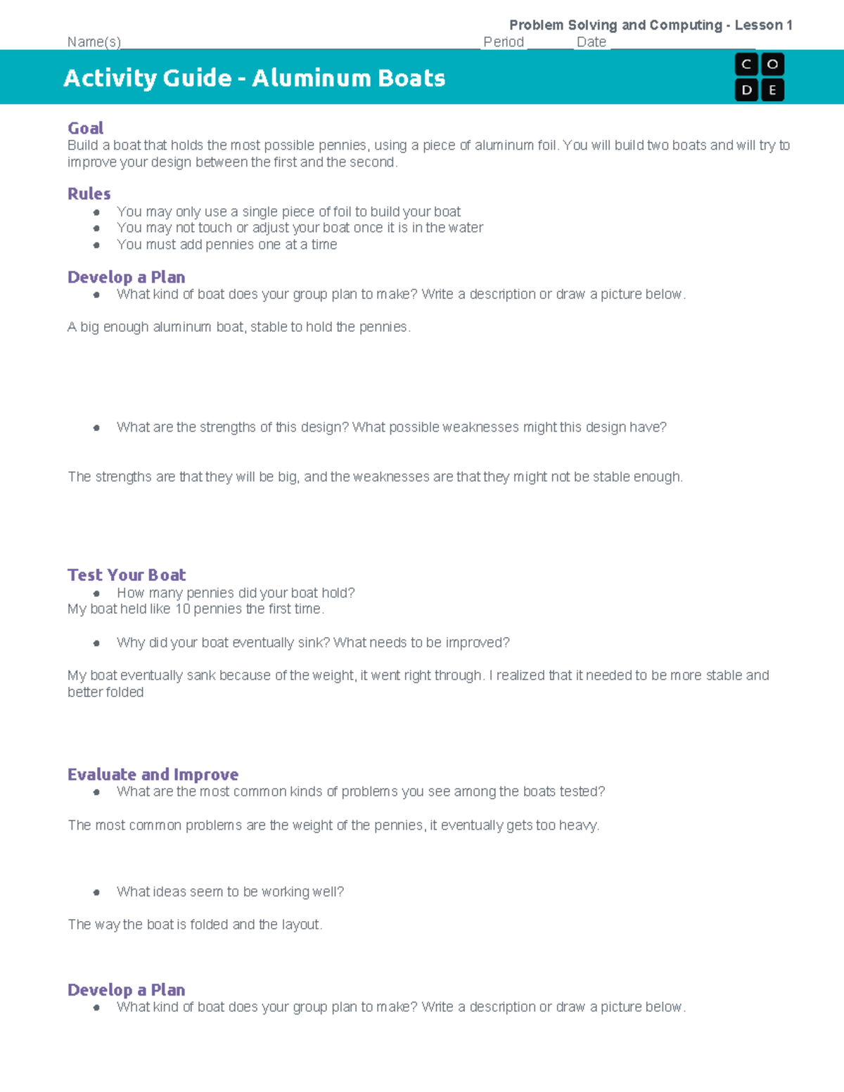 Problem Solving and Computing U1L01 - Activity Guide: Aluminum Boats ...