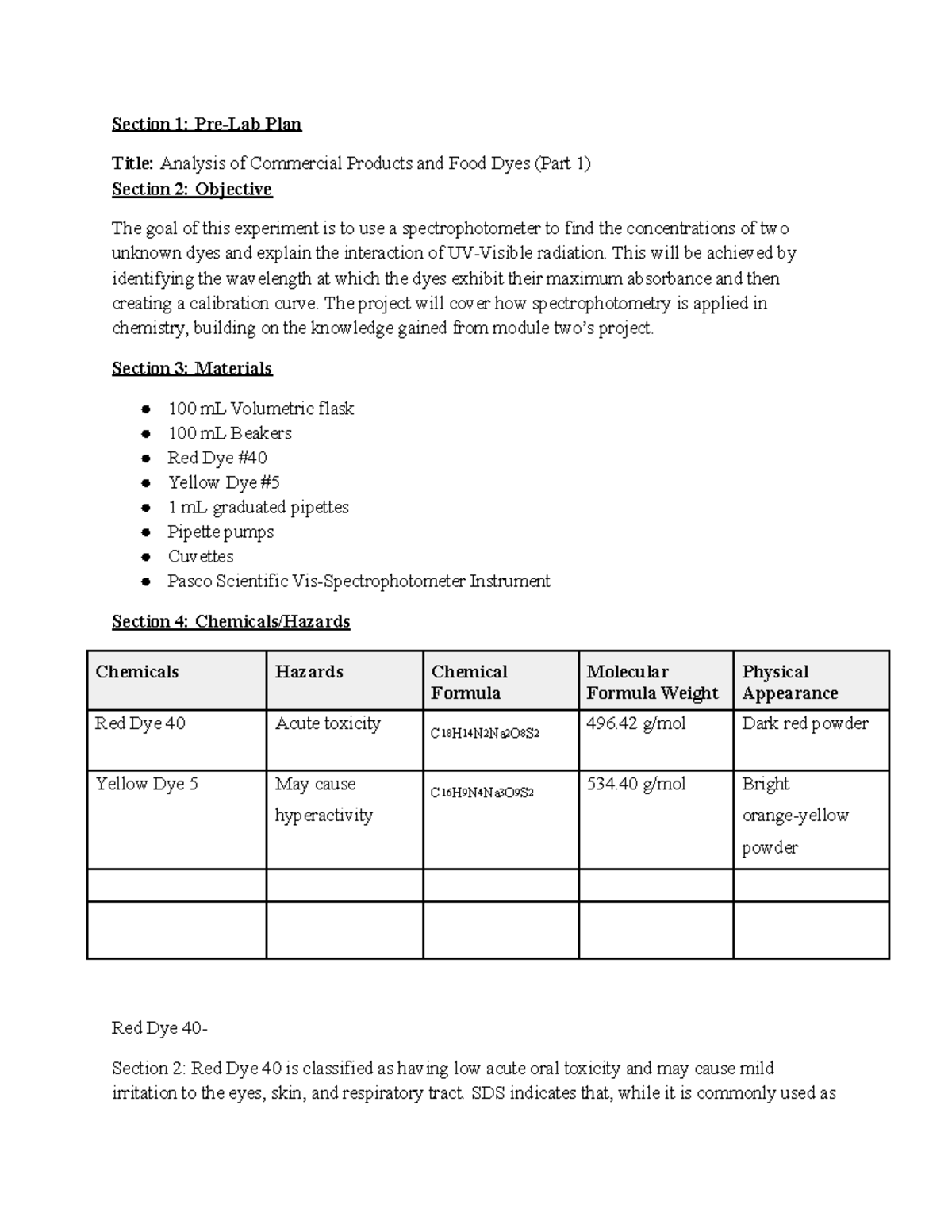 Mod 4 Pre-Lab Plan: Spectrophotometric Analysis of Food Dyes - Studocu