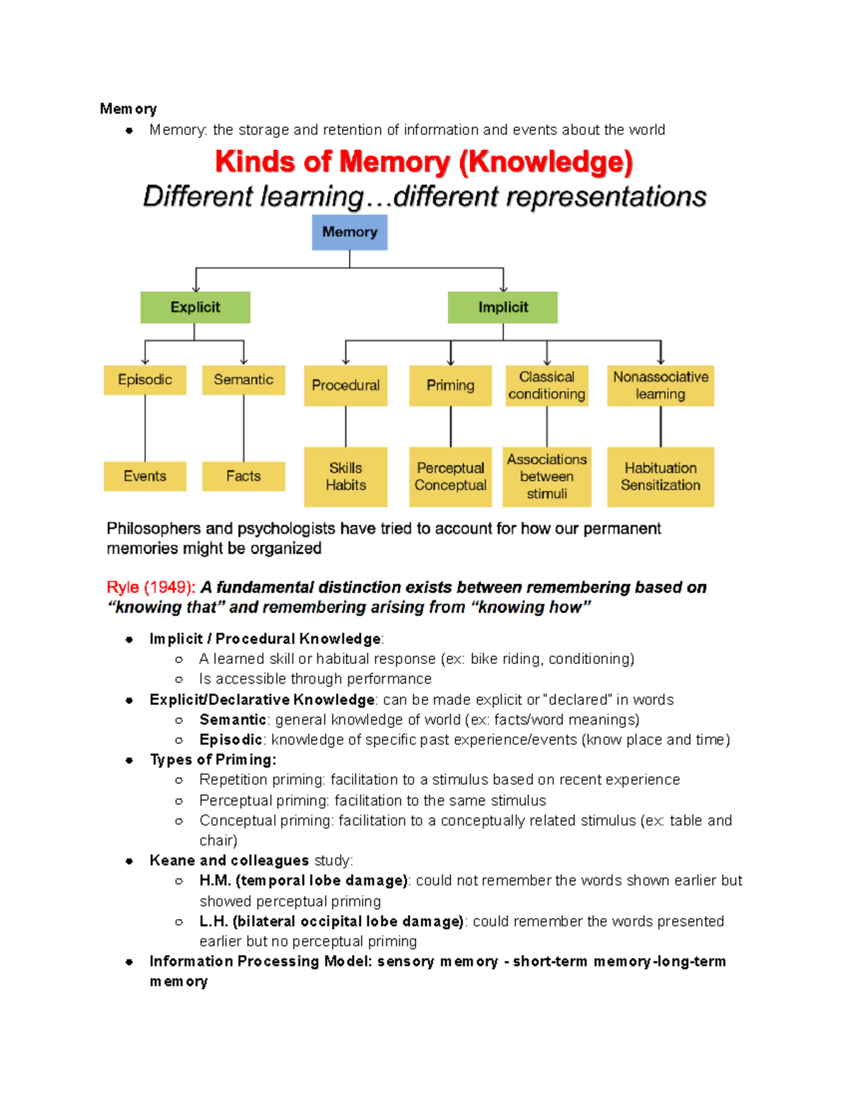 Psych 201 Lecture 12 Memory - Memory Memory: the storage and retention ...