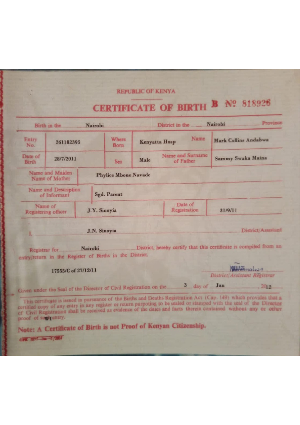 Certificate of Birth - REPUBLIC OF KENYA B No. 818926 - Studocu