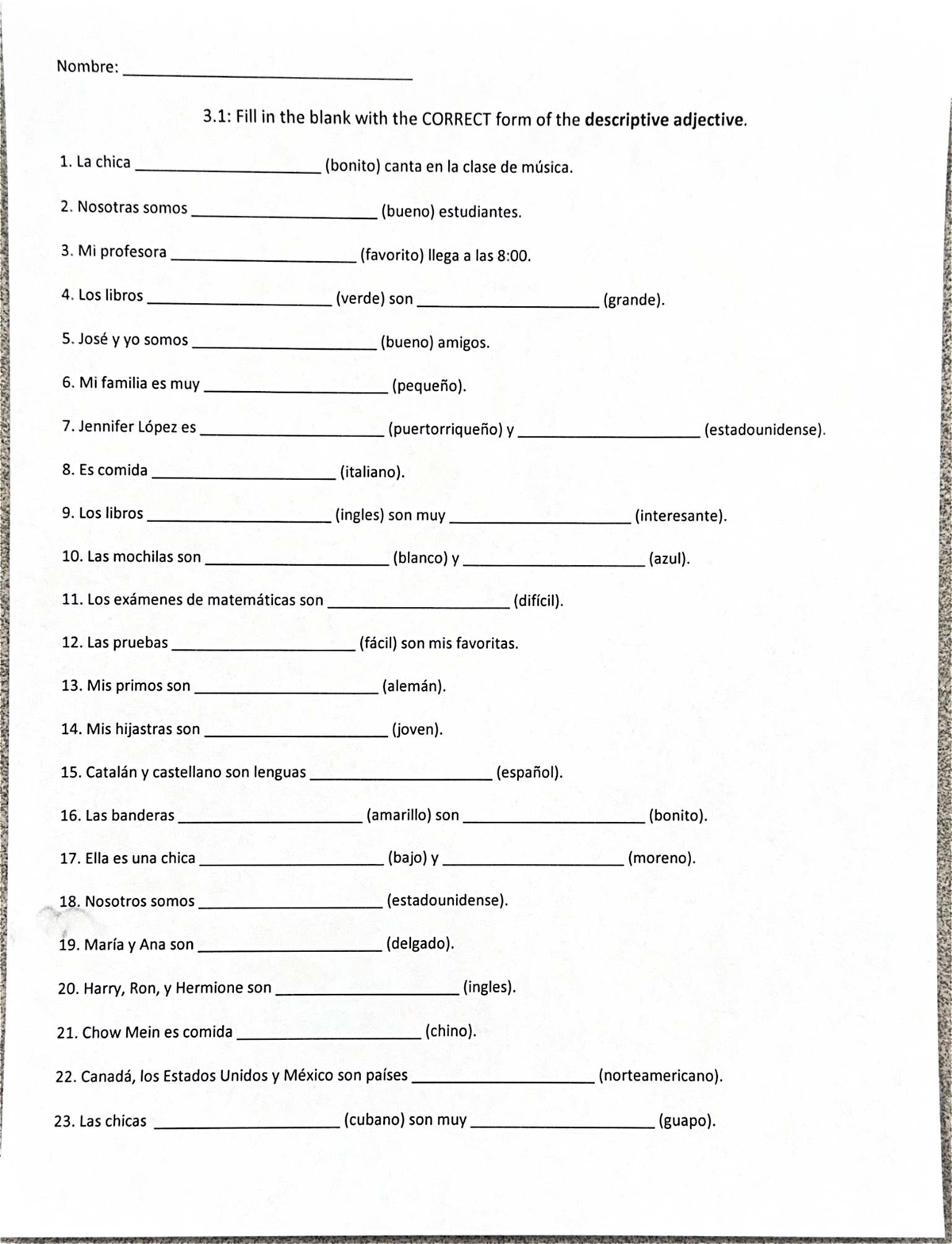 Ejercicio: Completa con la forma correcta del adjetivo descriptivo ...