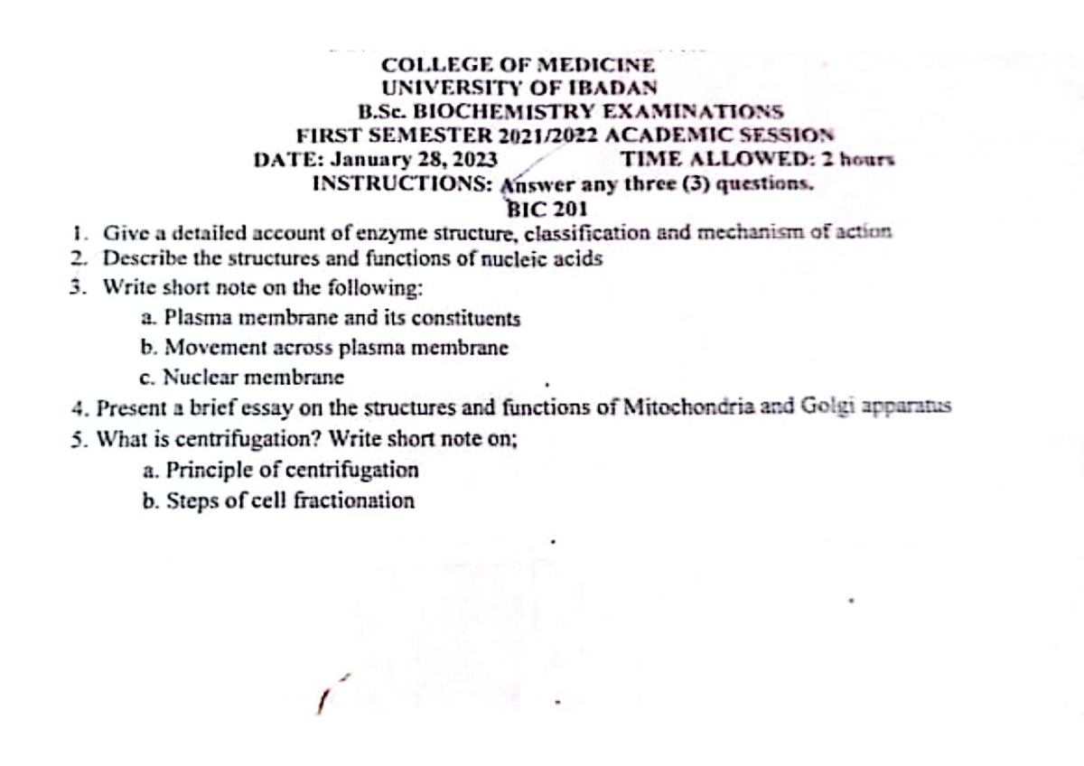 BIC 201: Comprehensive Exam Review for Cell Biochemistry (2020-2023 ...