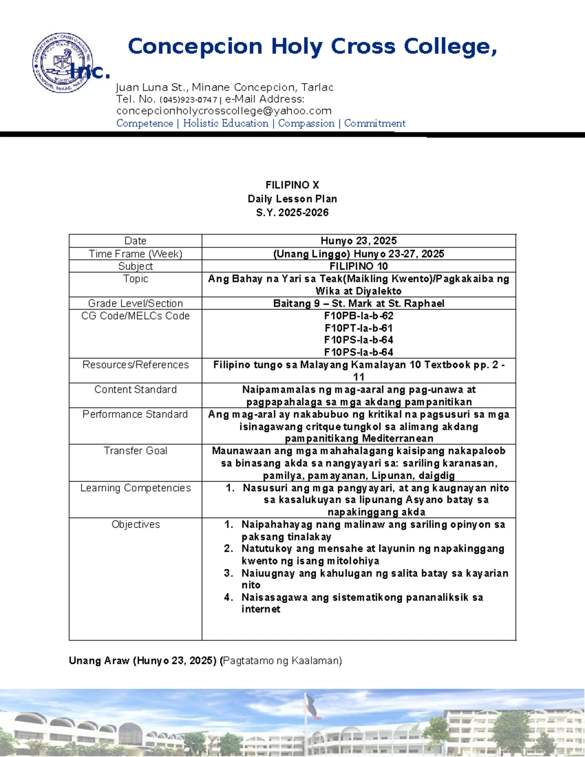 FILIPINO IX Daily Lesson Plan: Unang Linggo (Hunyo 23-27, 2025) - Studocu