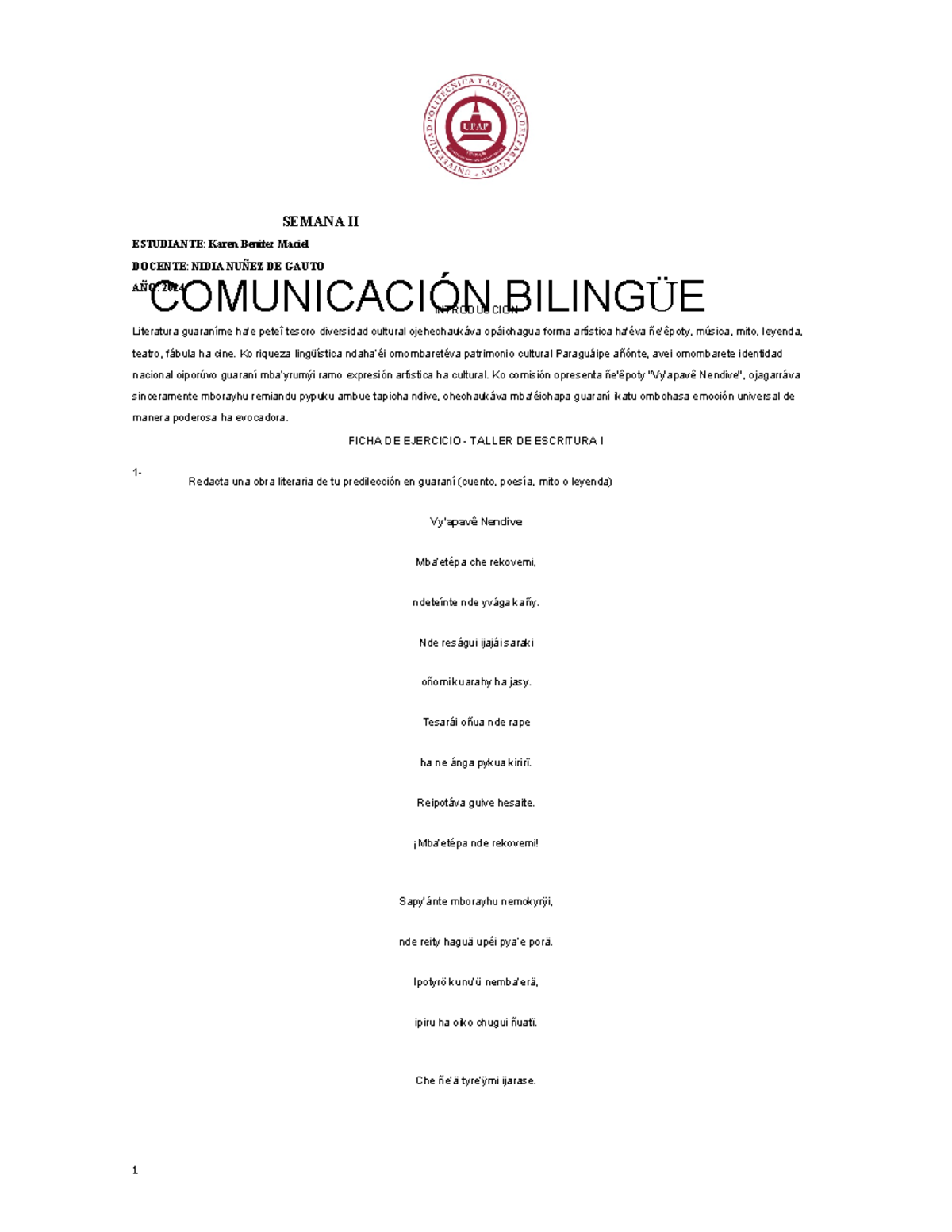 Semana II: Ficha de Comunicación Bilingüe - Taller de Escritura I - Studocu