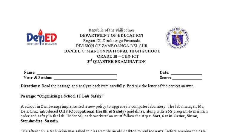 Grade 10 2nd Quarter Exam Review - OHS & 5S Principles - Studocu