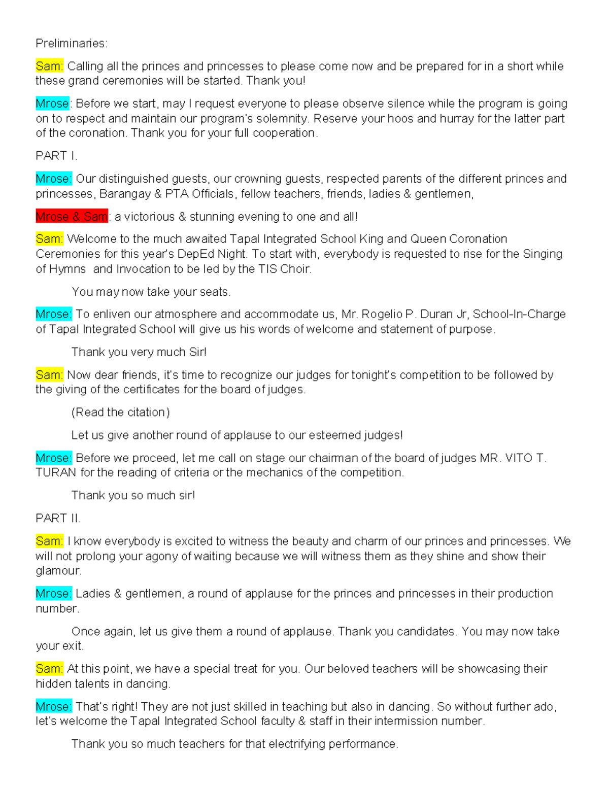 TIS-DEPED Night 2023: Emcee Script for Coronation Ceremony - Studocu